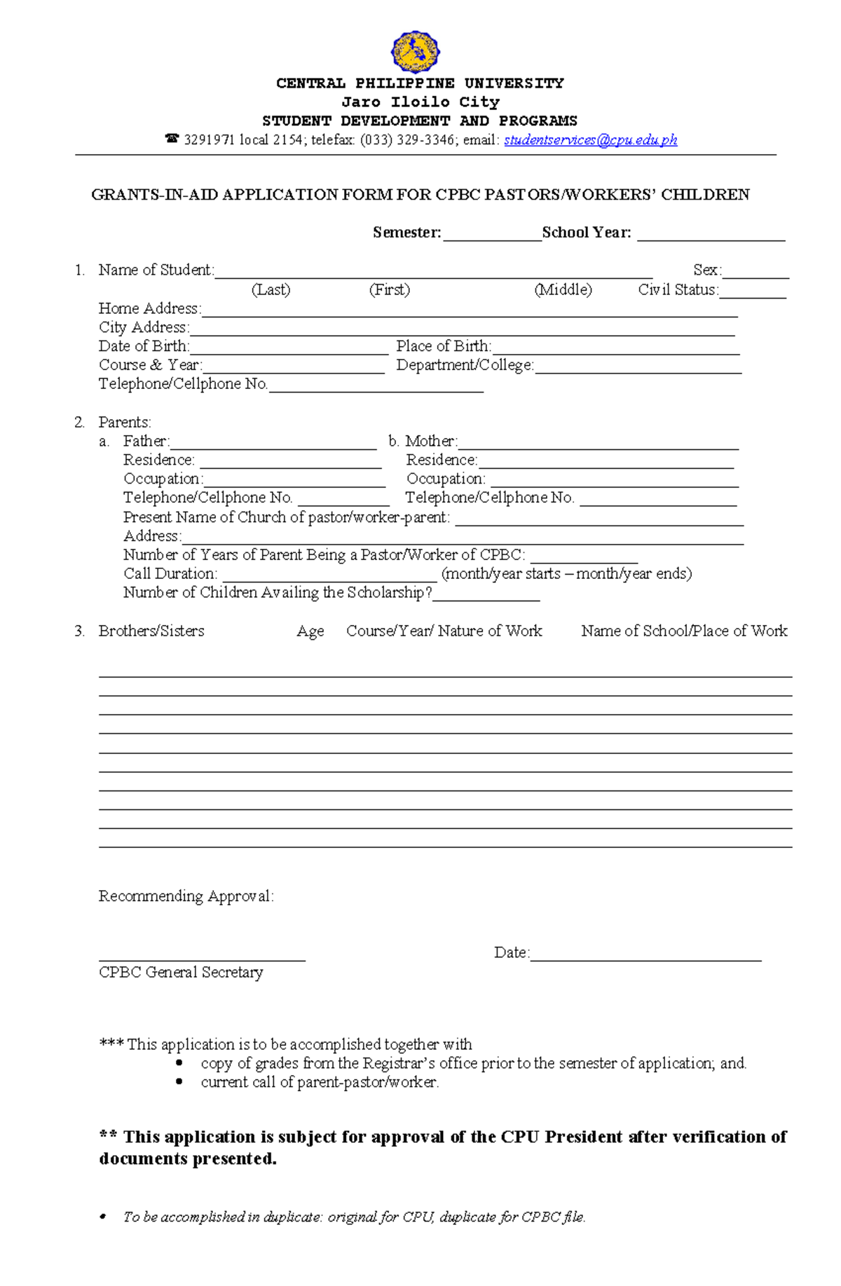 CPBC-PKS Grants-in-Aid Application Form for Students (Blank) - Studocu
