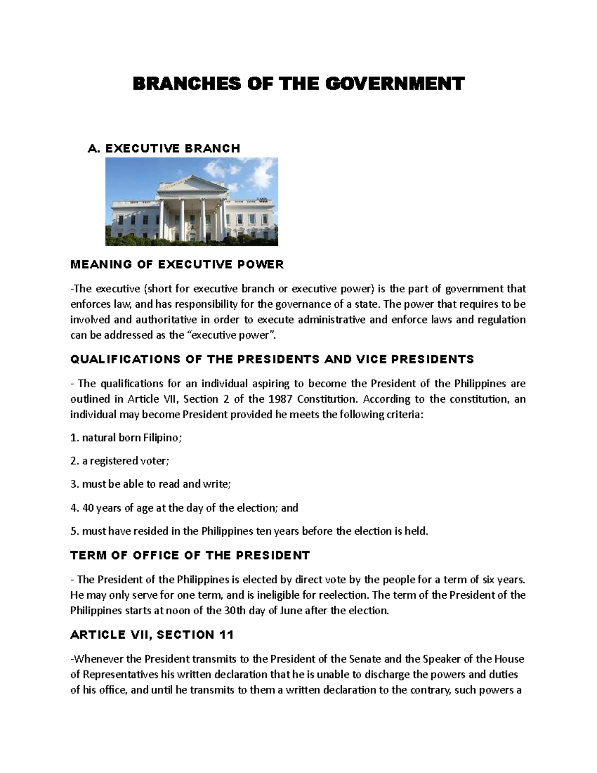 Branches OF THE Government - BRANCHES OF THE GOVERNMENT A. EXECUTIVE ...