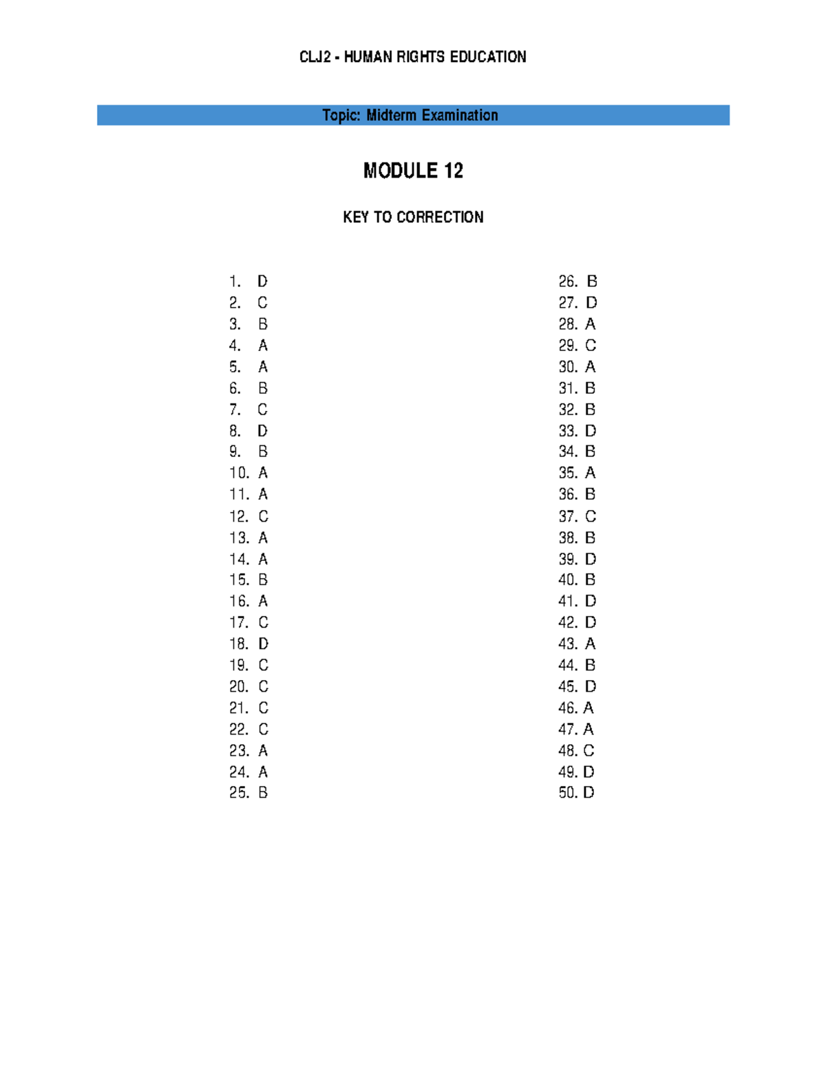 CLJ2 Midterm Exam Answer Key for Human Rights Education - Studocu