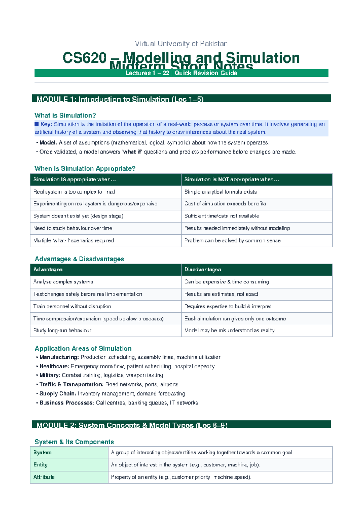 VU CS620 Modelling & Simulation Midterm Quick Revision Notes - Studocu