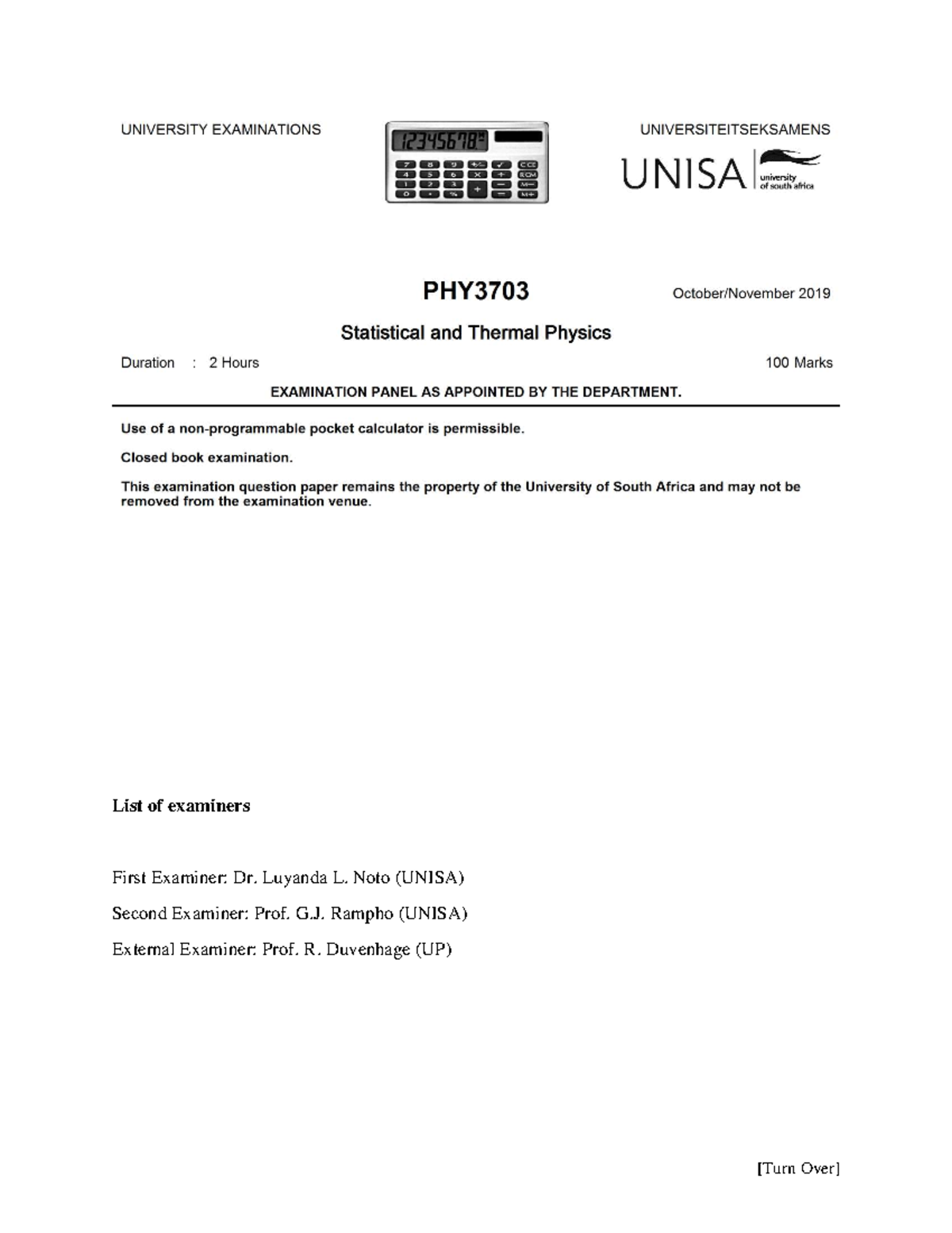 Oct-Nov PHY3703 Examiner List and Question Paper - Studocu