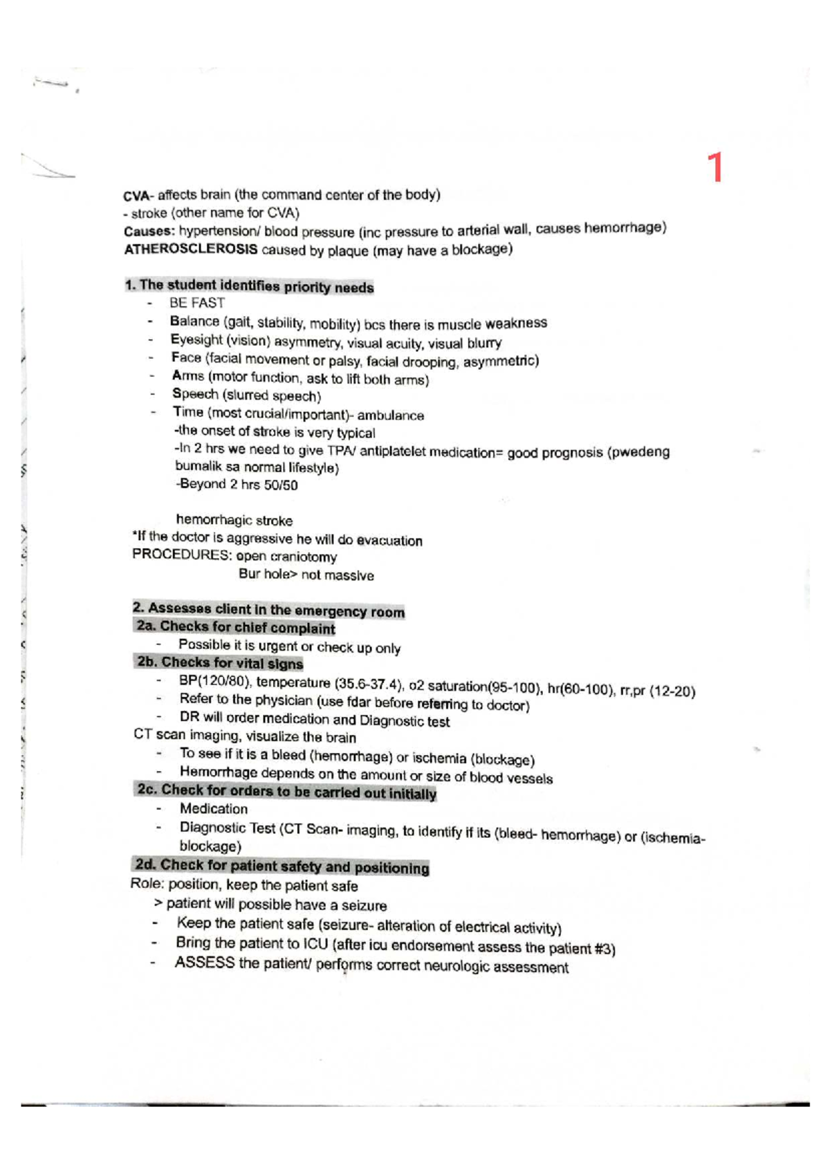 CVA Notes: Understanding Stroke Causes, Assessment, and Care Plan - Studocu