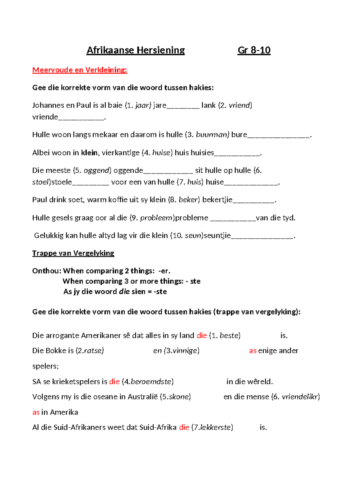 Afrikaanse Hersiening Gr 8 Junie Eksamen: Meervoude, Vergelyking ...