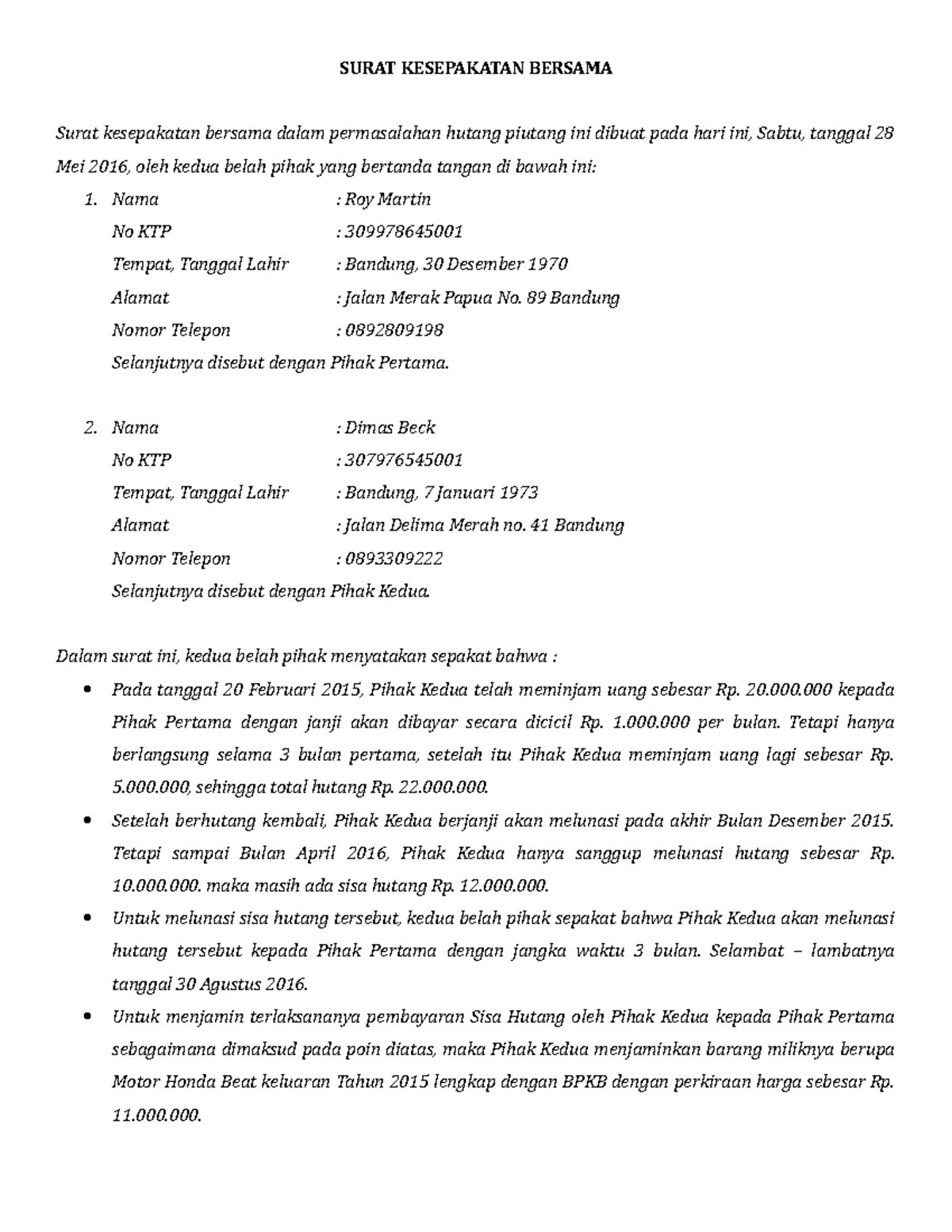 Surat Kesepakatan Bersama Hutang Piutang antara Roy Martin & Dimas Beck ...