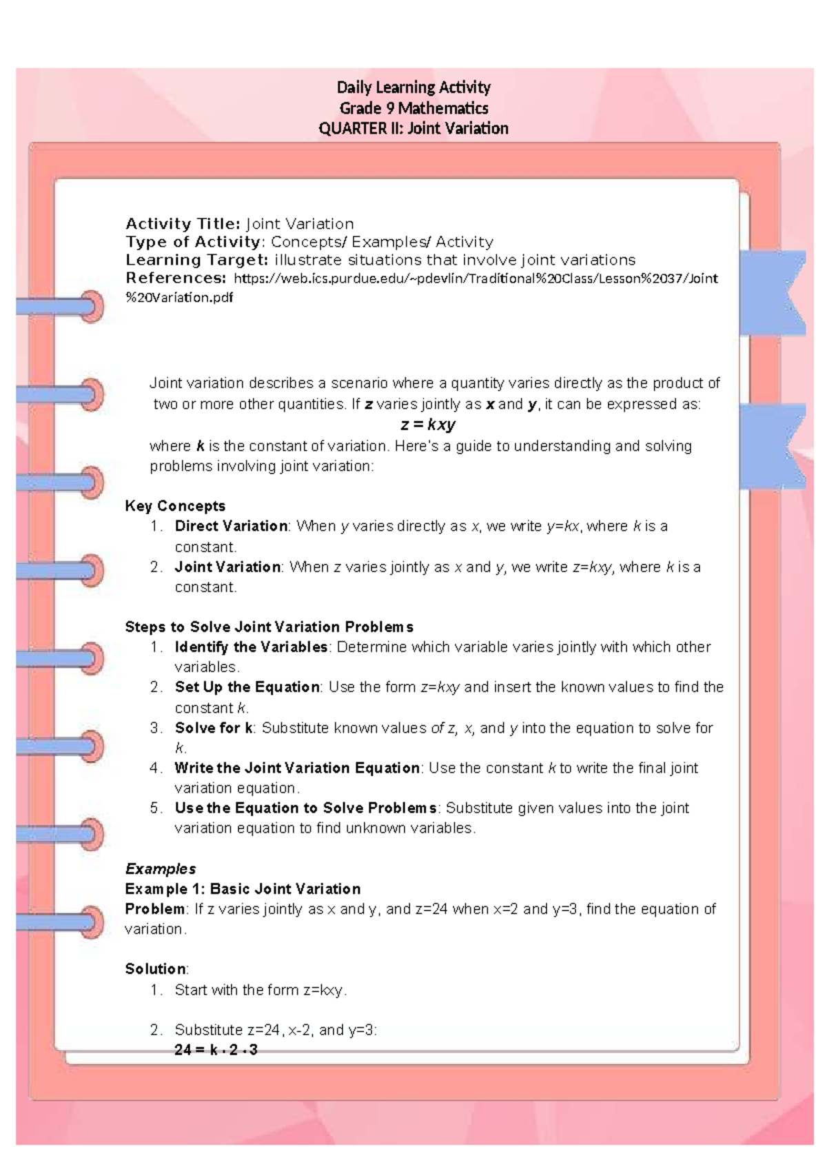 Grade 9 Math QUARTER II: Joint Variation Activity Guide - Studocu