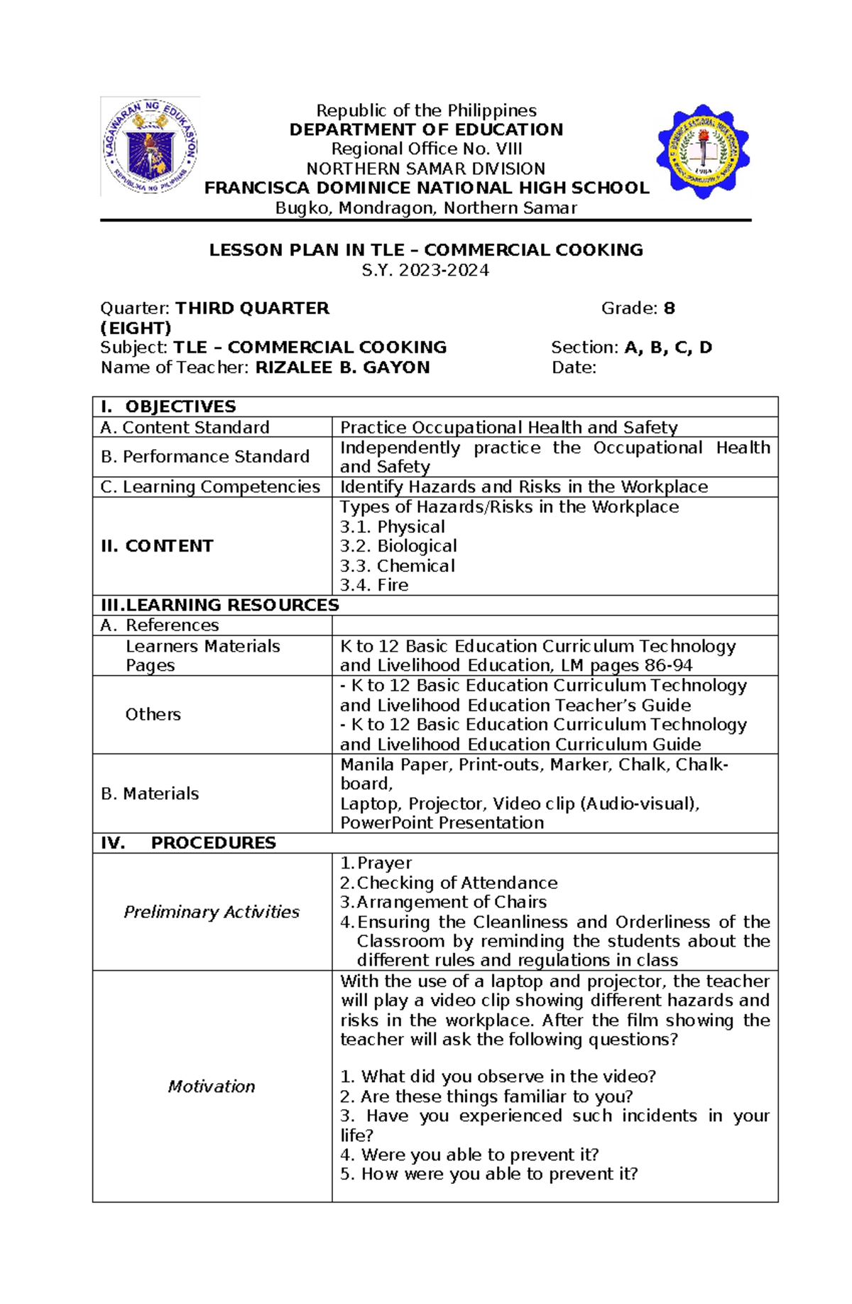 DLP TLE-8 Lesson Plan: Managing Hazards in Commercial Cooking - Studocu