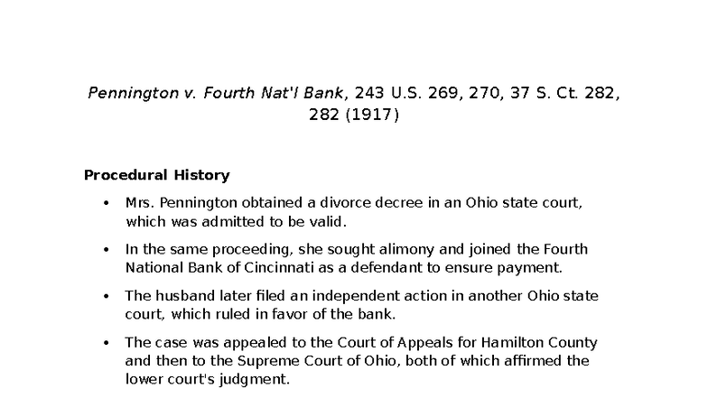 CASE Brief - Pennington v. Fourth National Bank (1917) - Studocu