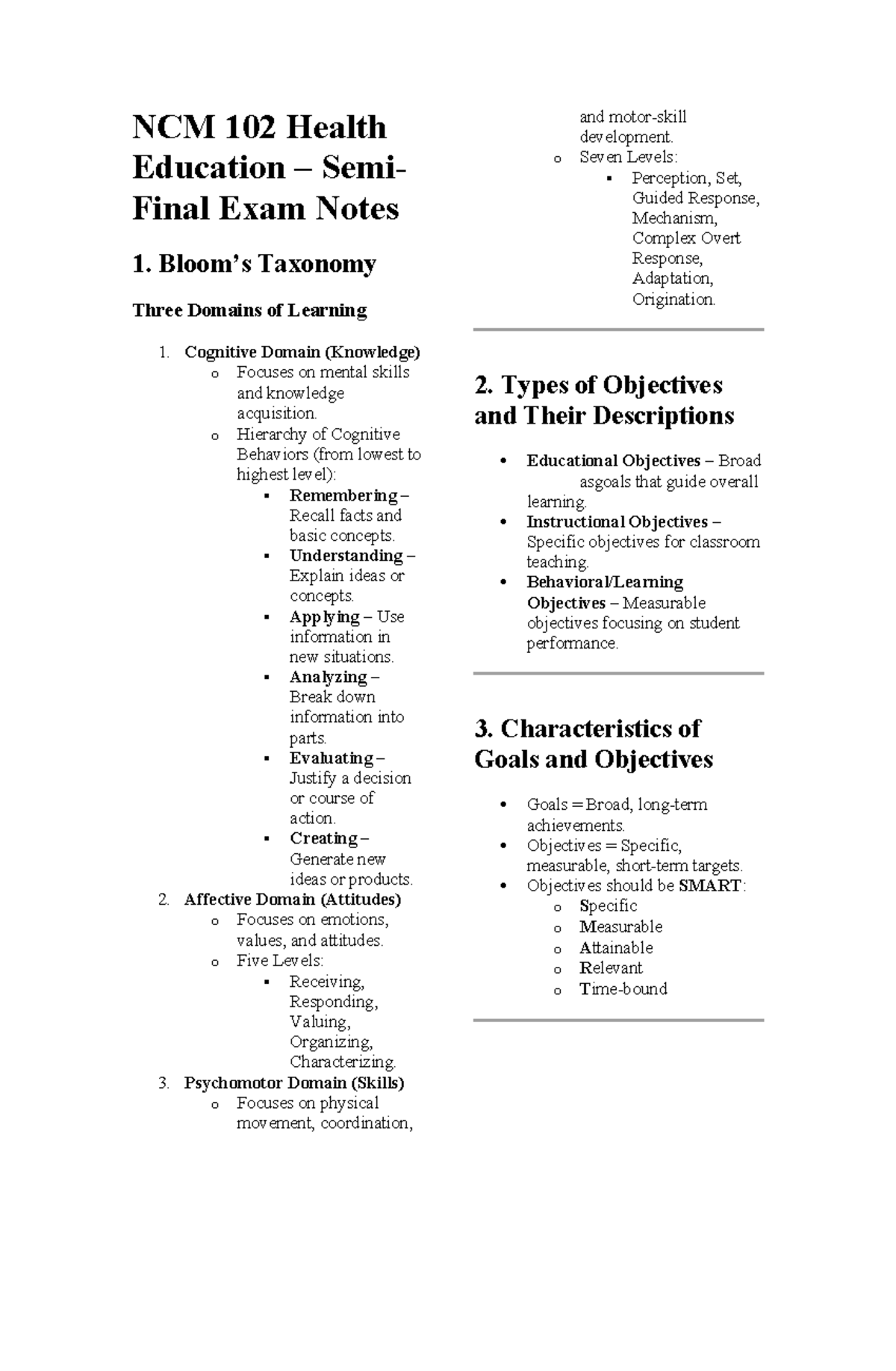 NCM 102 Health Education Semi-Final Exam Study Notes - Studocu