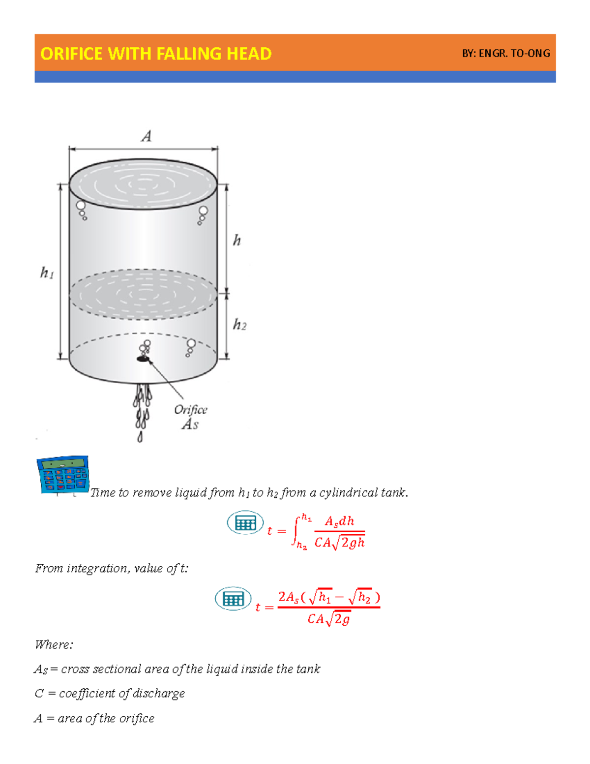 Orifice Flow Calculations (ENGR 101): Falling Head Analysis & Problems ...