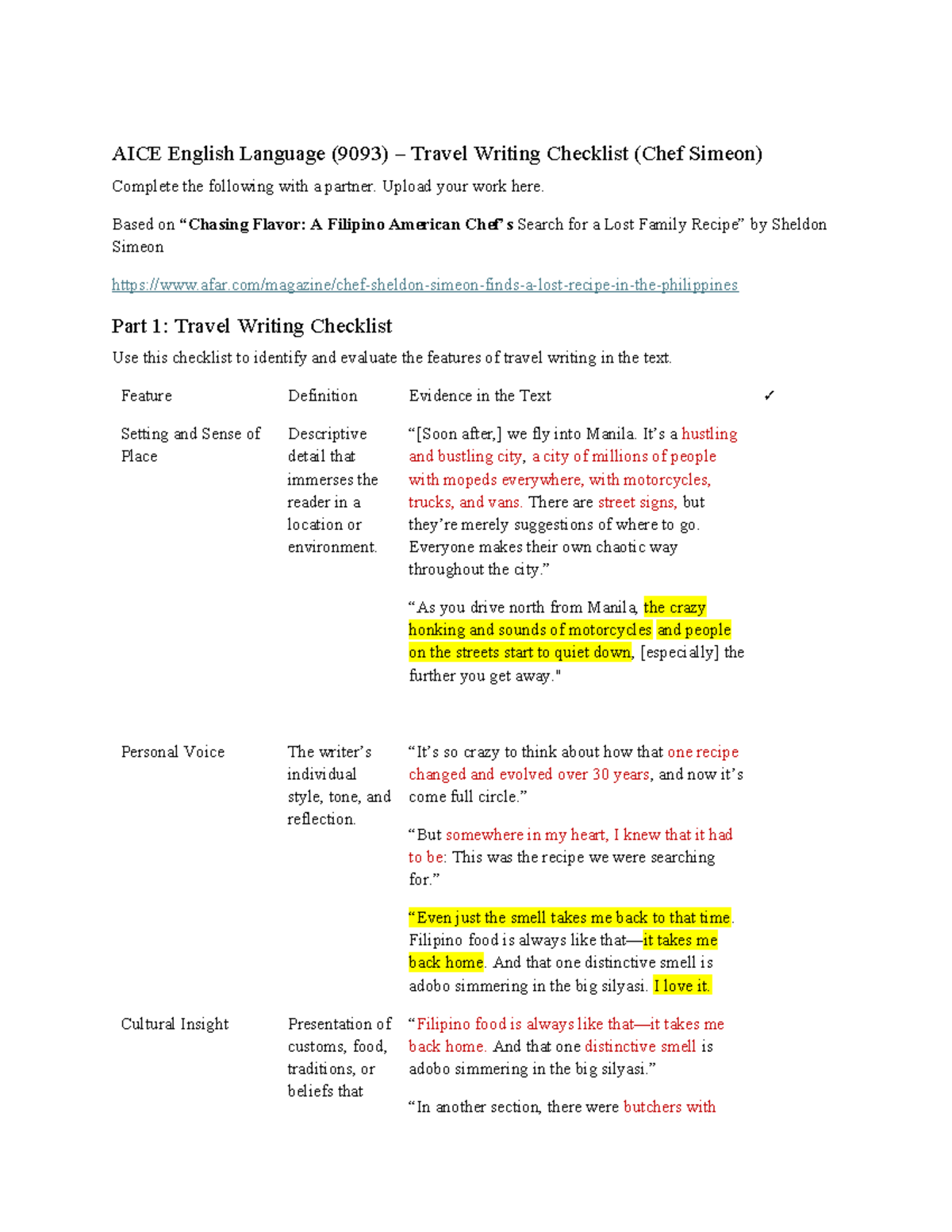 AICE English Language (9093) Travel Writing Checklist: Chef Simeon's ...