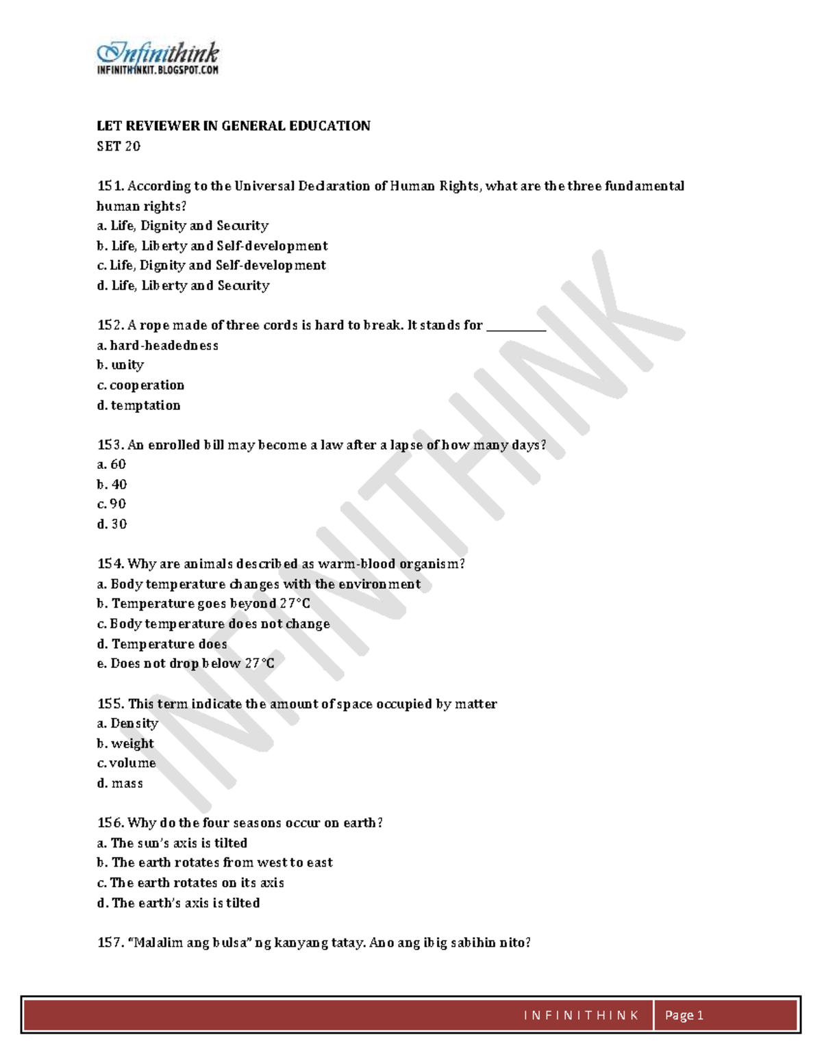 General Education LET Reviewer - Set 20 Questions and Answers - Studocu