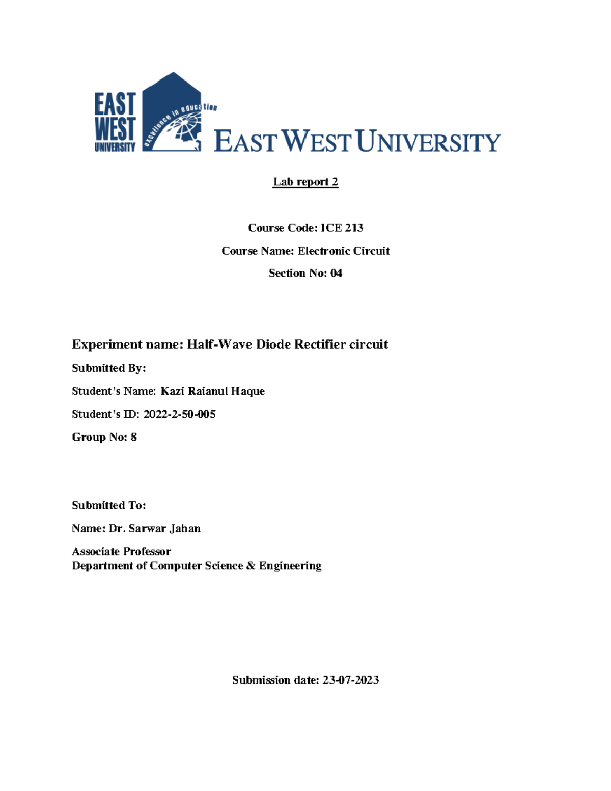 Lab 2 - Half-Wave Diode Rectifier circuit - Lab report 2 Course Code ...