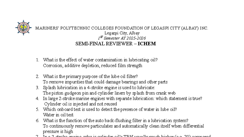 SEMI Final Exam Reviewer for ICHEM: Lubricating Oil Insights - Studocu