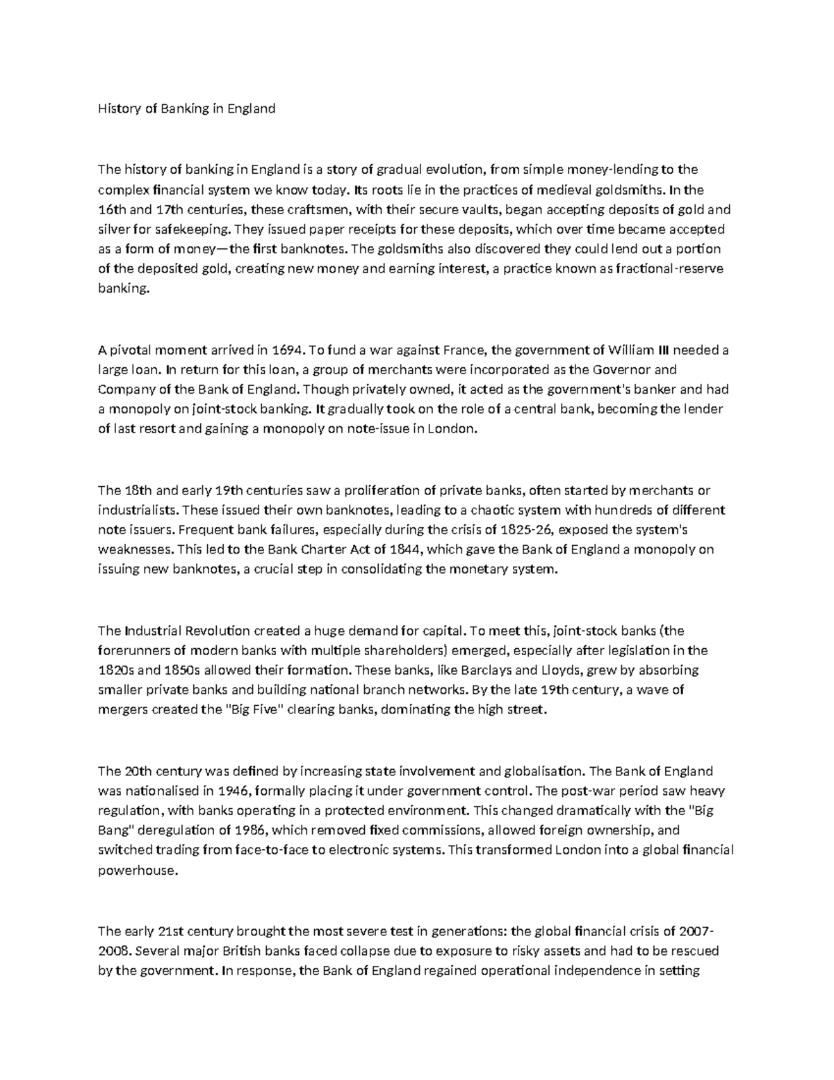 History of Banking in England: Evolution and Key Events - Studocu