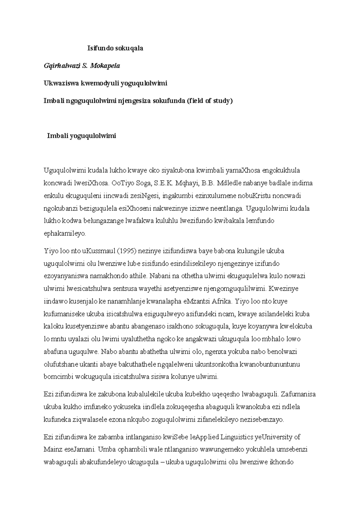 XHO313 - Isifundo sokuqala Imbali yo Guqulolwimi - Isifundo sokuqala ...