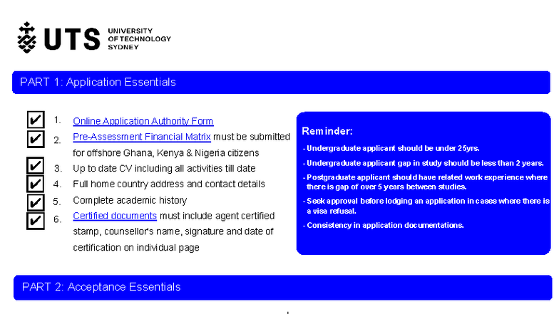 Africa - Application & Acceptance Essentials Checklist (UTS) - Studocu