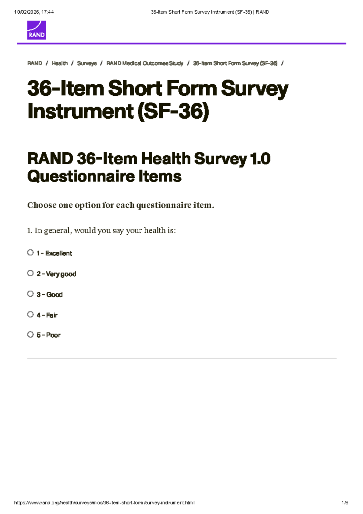 36-Item Short Form Survey Instrument (SF-36) RAND Health Survey - Studocu