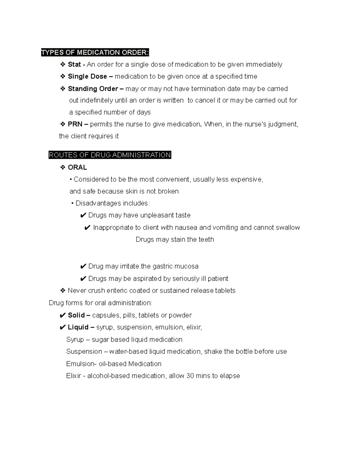 Types of Medication Orders and Routes of Drug Administration - Studocu