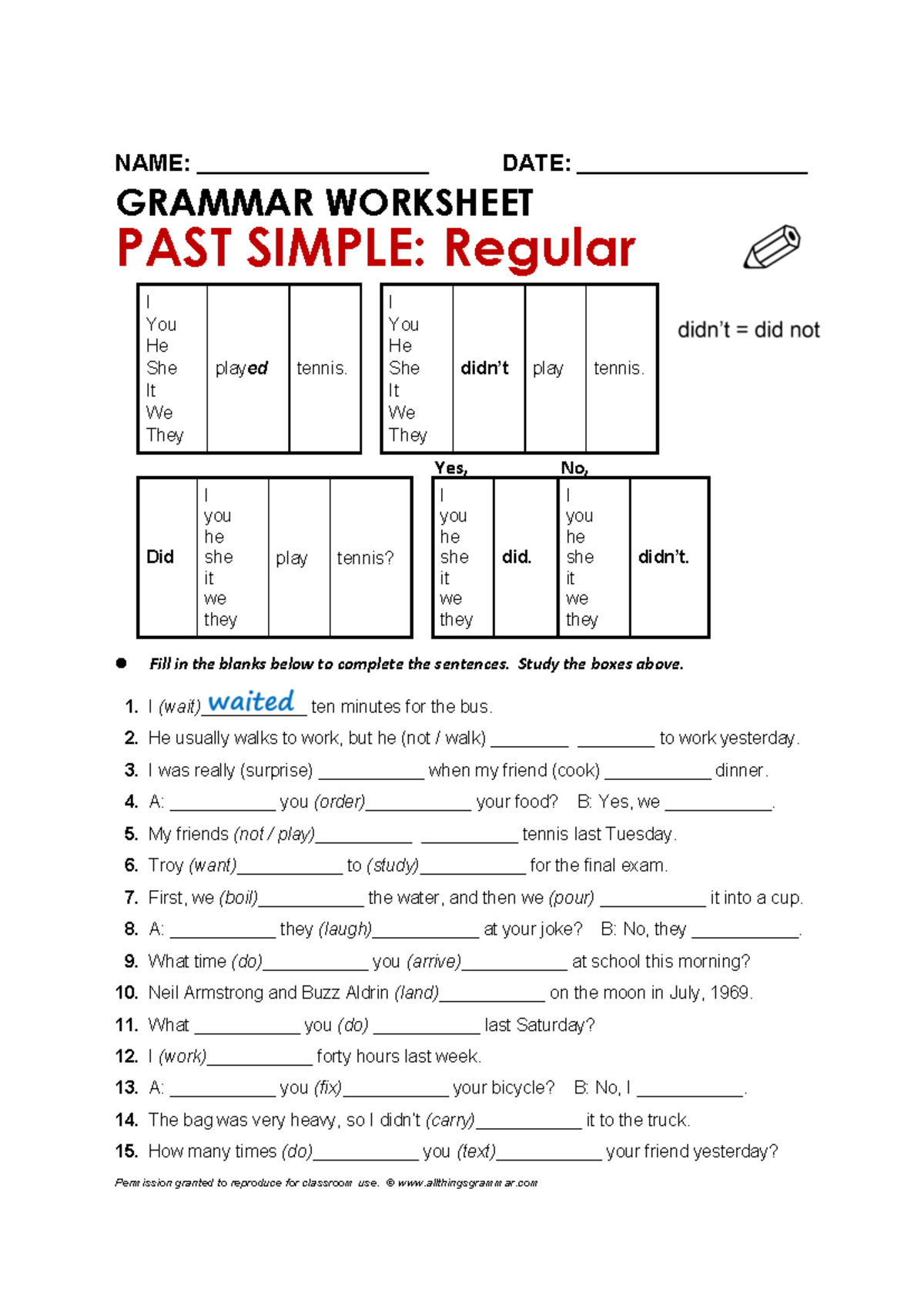 ENG 101: Grammar Worksheet on Past Simple Tense - Studocu