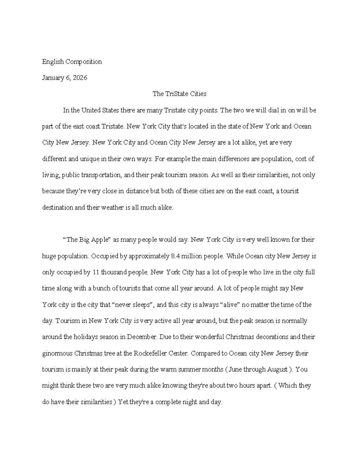 ENG 101 Compare and Contrast: NYC vs. Ocean City Essay - Studocu