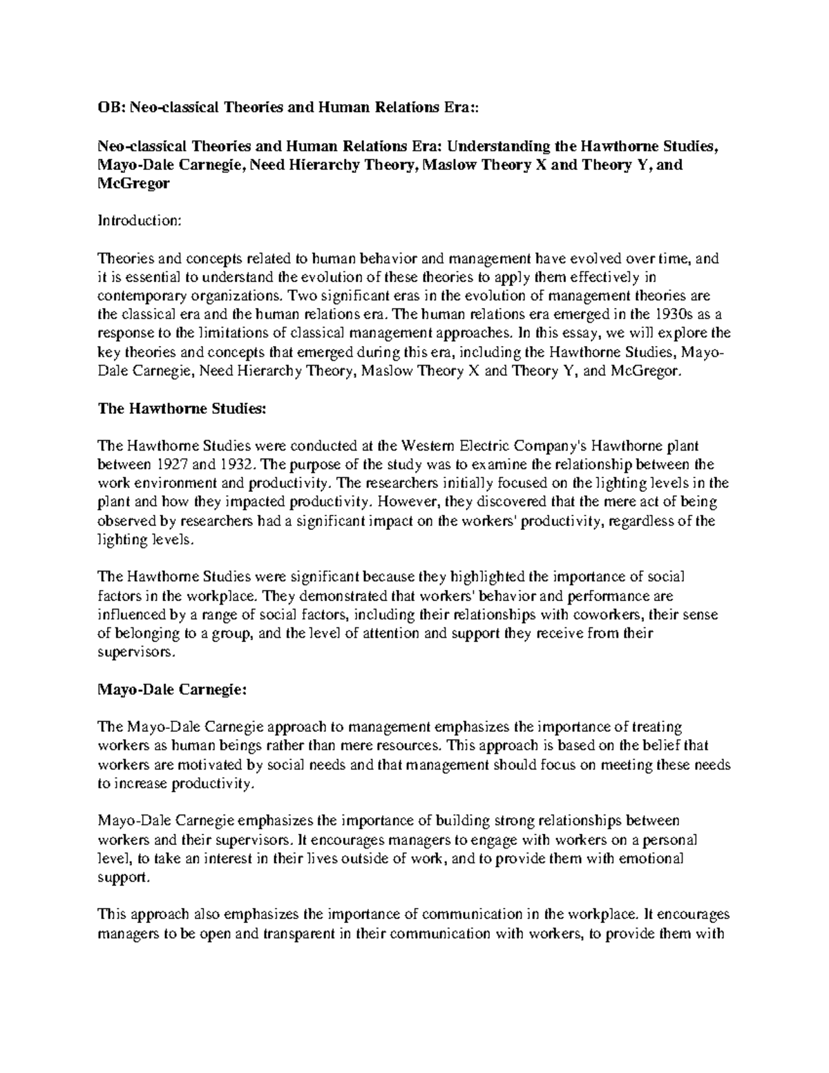 OB 101: Neo-classical Theories & Human Relations Era Overview - Studocu