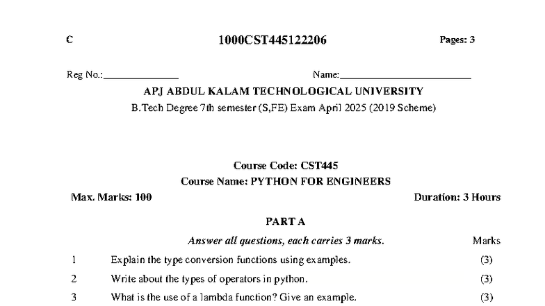 CST445 - PYTHON FOR ENGINEERS: April 2025 Exam Question Paper - Studocu