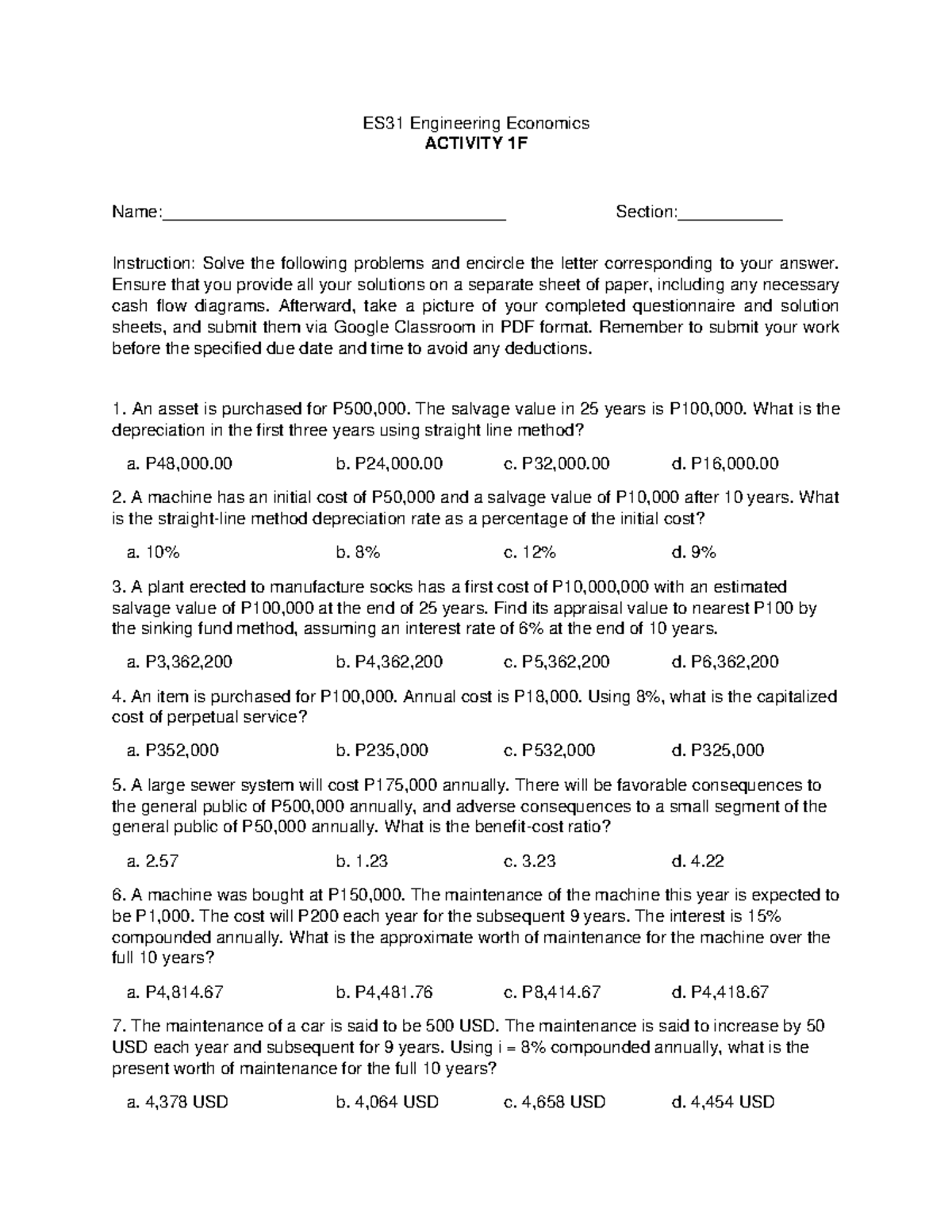 ES31-Activity-1F - Engineering Economics Problem Set Solutions - Studocu