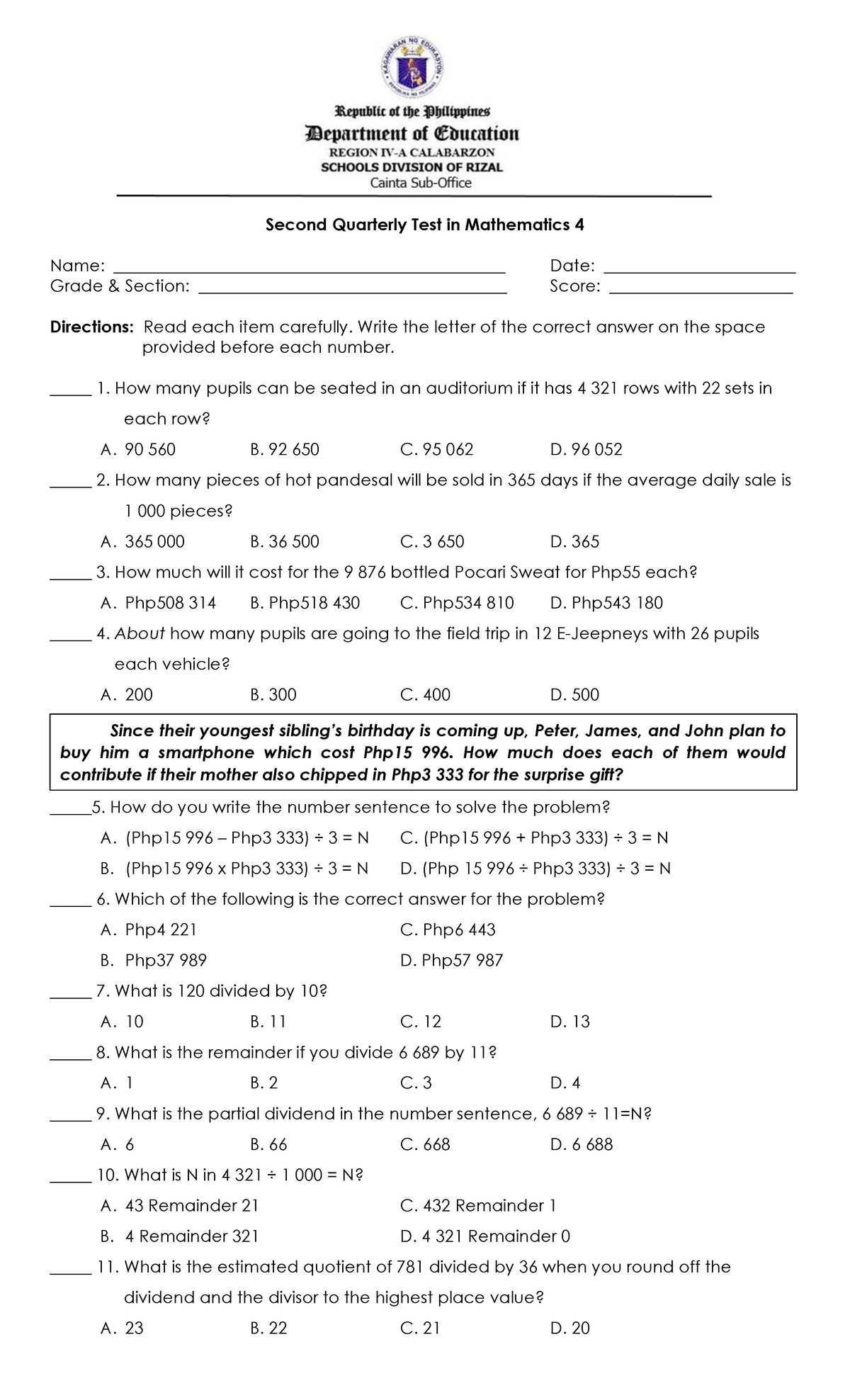 MATH 4 - Second Quarterly Test Review and Answer Key - Studocu