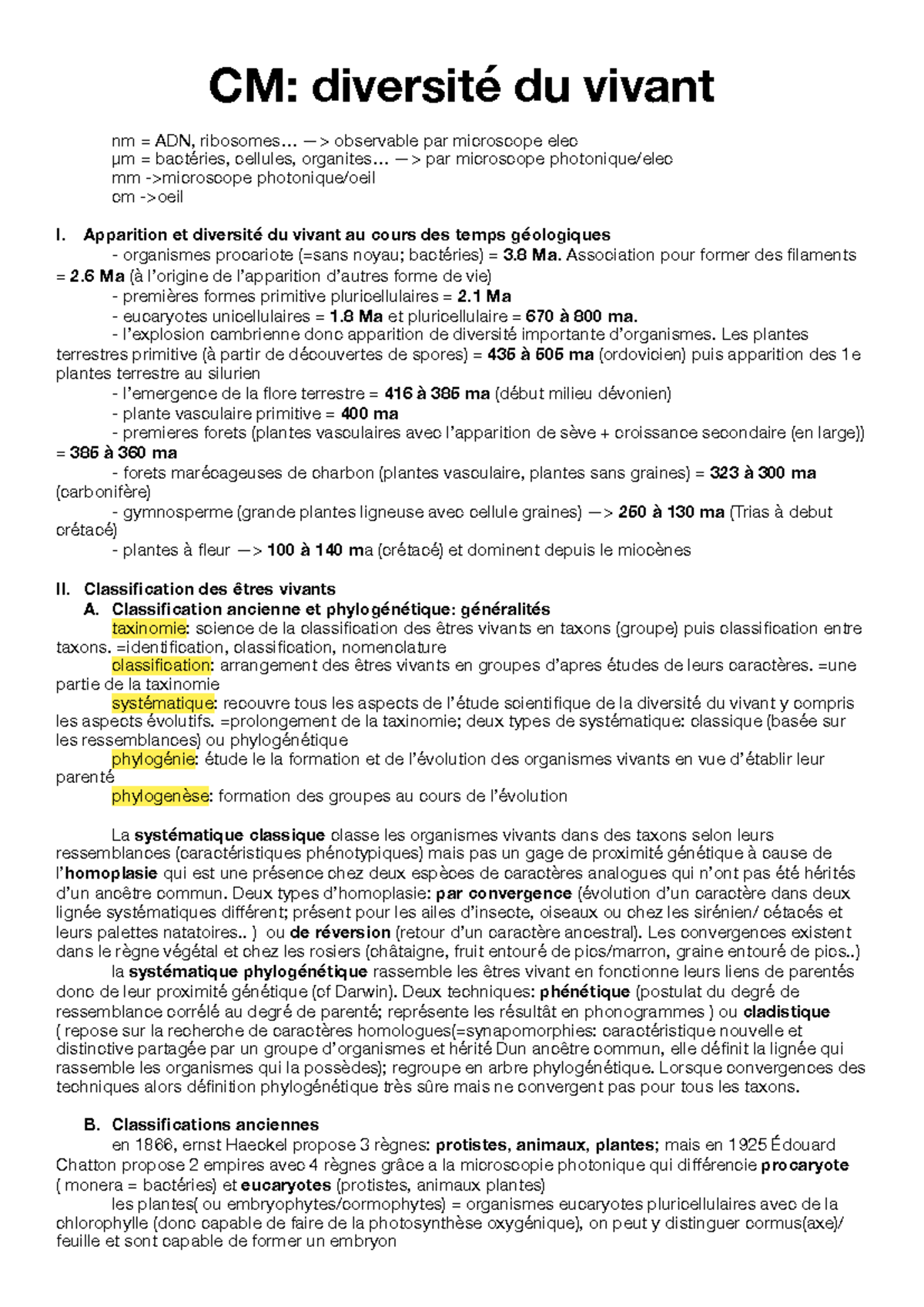 CM: Diversité du Vivant - Évolution et Classification des Organismes ...