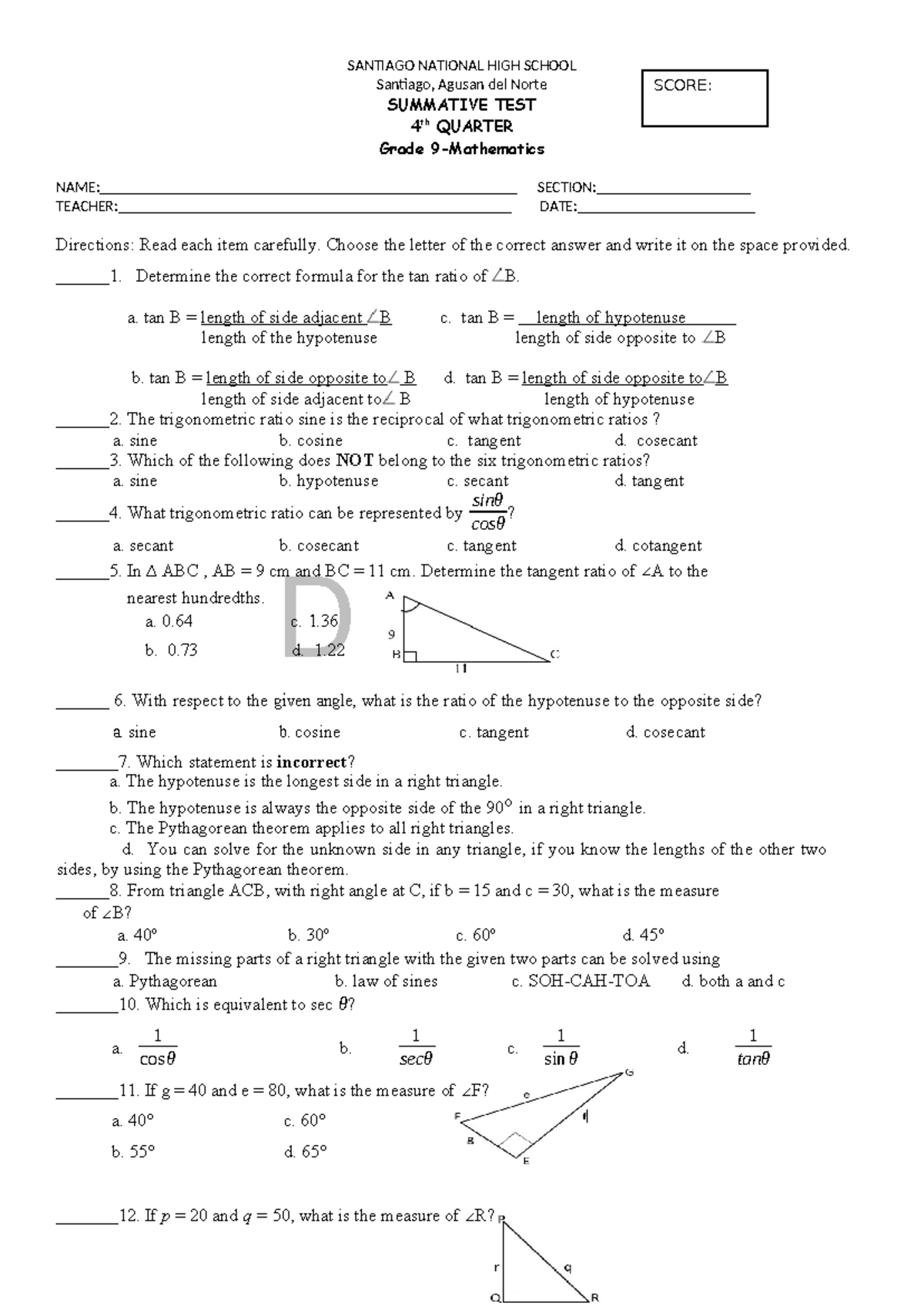 Math 9 Summative Test: Trigonometric Ratios & Applications (4th Quarter ...