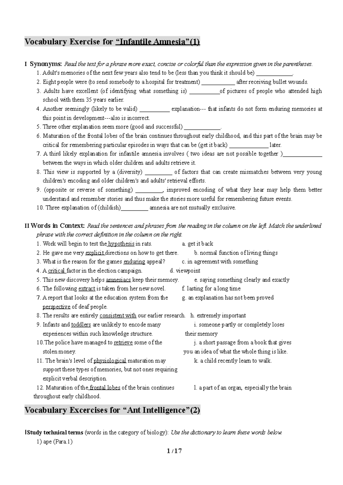阅读文章1-4 7-9的词汇练习 合 - value - Vocabulary Exercise for “Infantile Amnesia ...