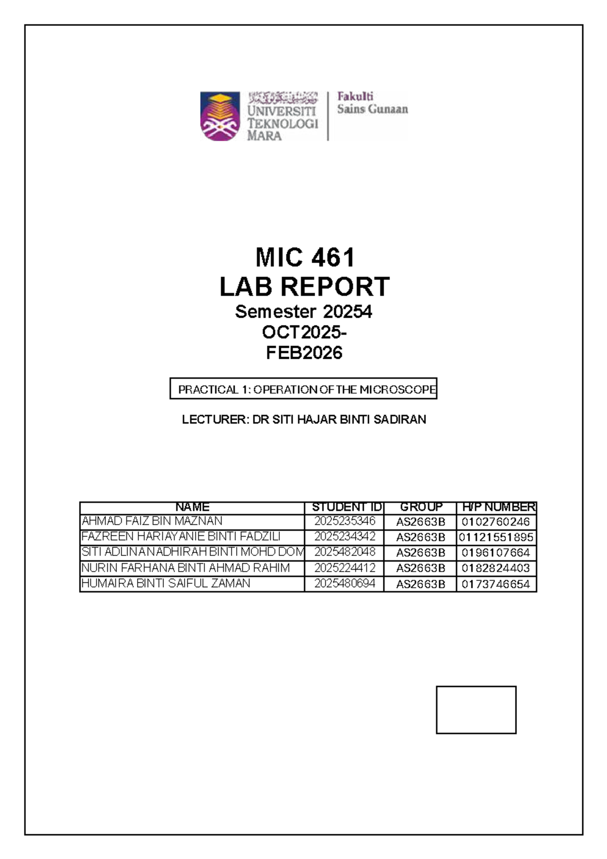 MIC 461 LAB REPORT 20254: Practical 1 - Microscope Operation and Cell ...