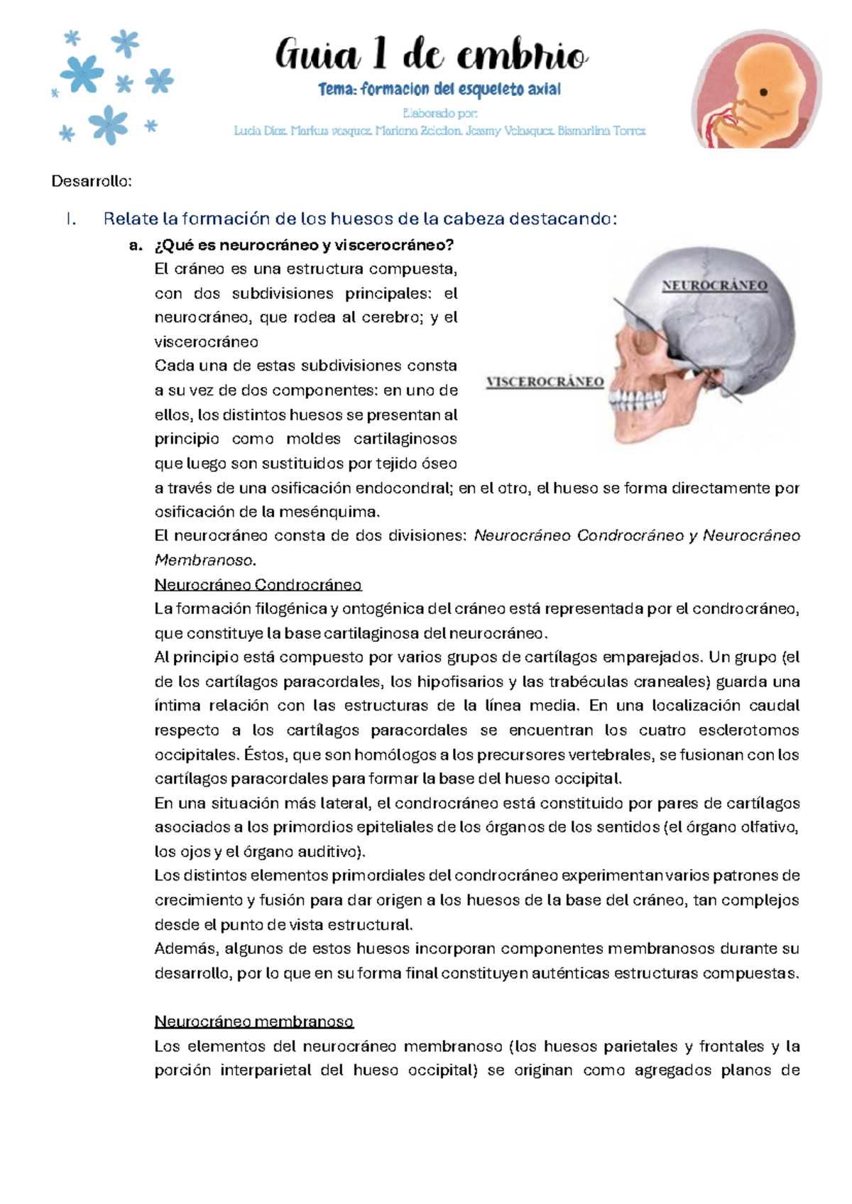 Guia 1 embrio - Uuuii - Desarrollo: I. Relate la formación de los ...