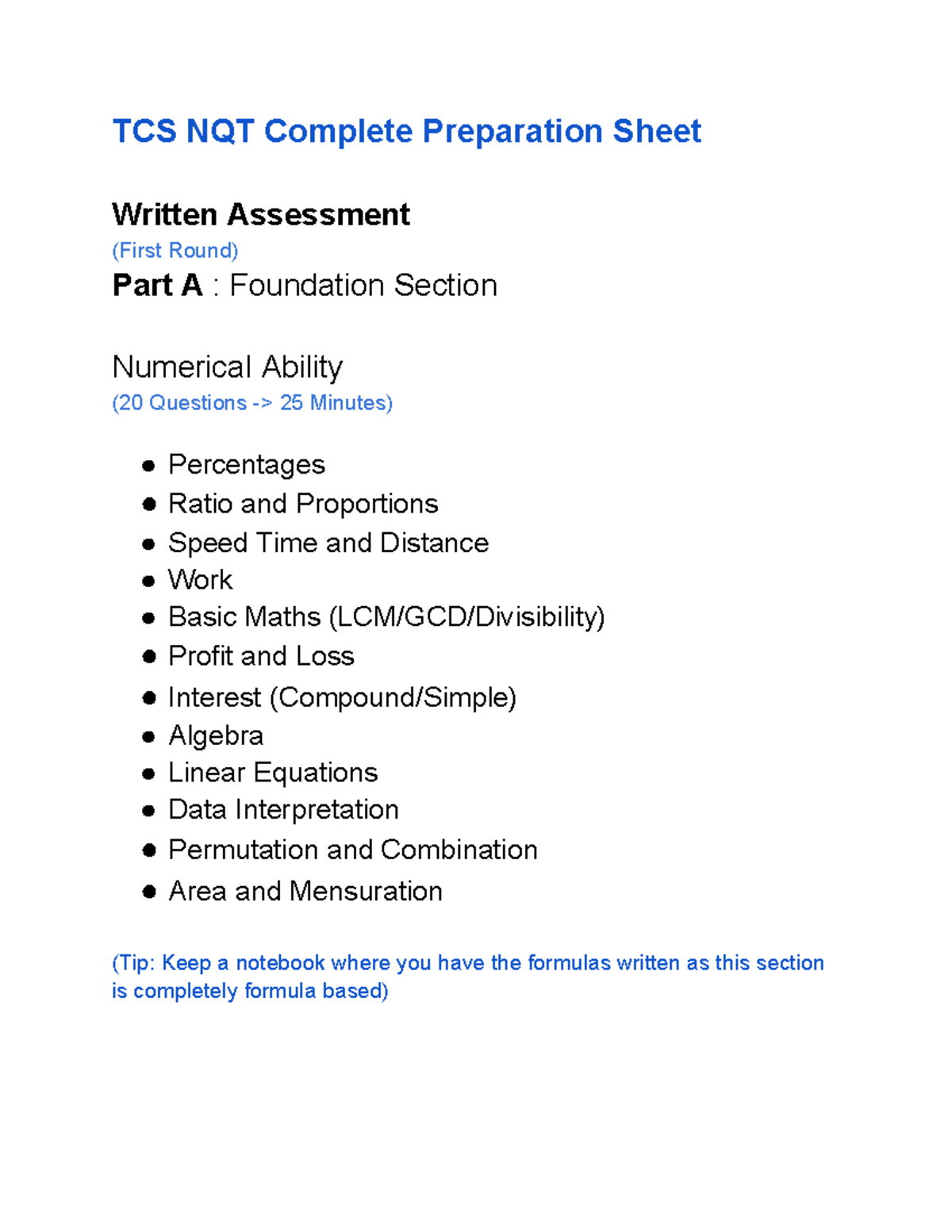 TCS NQT Complete Prep Sheet: Written Assessment & Interview Guide - Studocu