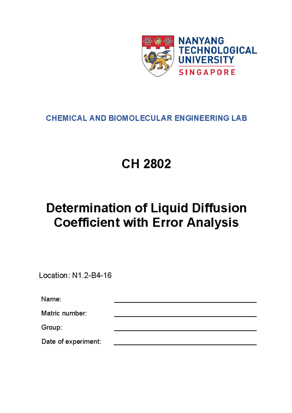 CH 2802 Lab Manual: Liquid Diffusion Coefficient & Error Analysis - Studocu