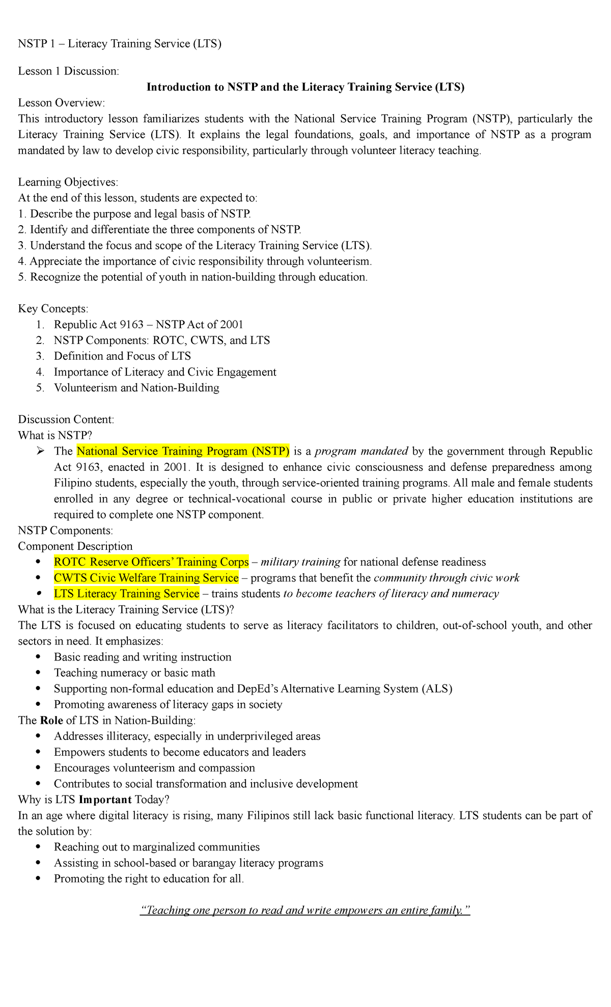 NSTP 1 LTS Lesson 1: Introduction to NSTP & Literacy Training Service ...