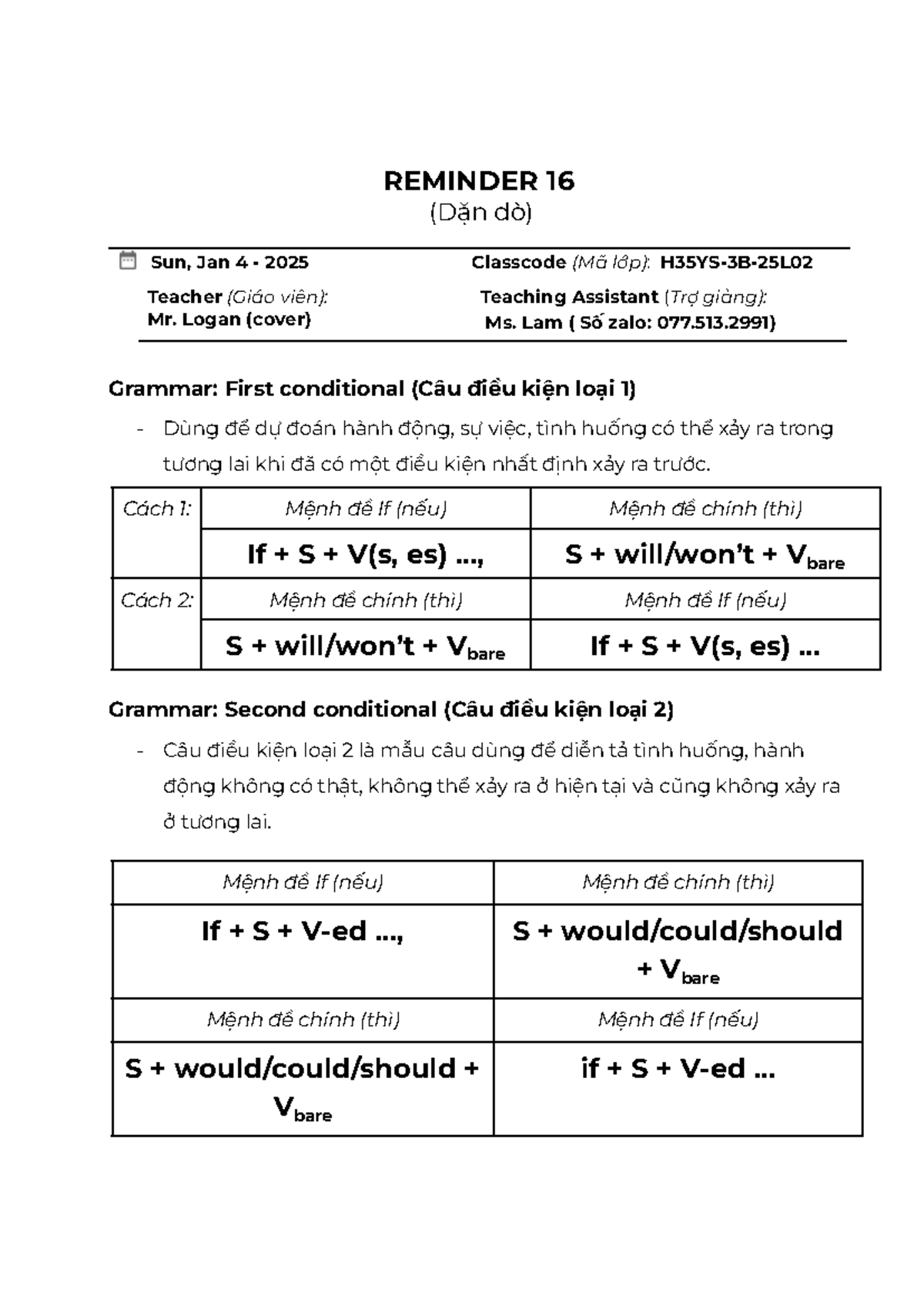 H35YS-3B-25L02 - Grammar Review: First & Second Conditionals - Studocu