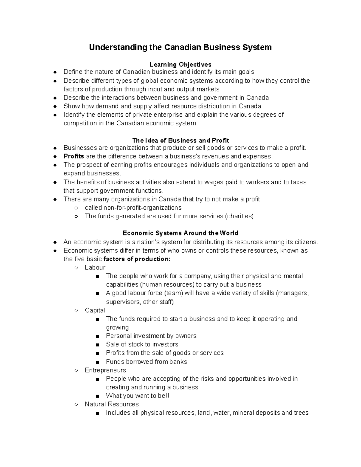 Chapter 1 Notes - Understanding the Canadian Business System Learning ...
