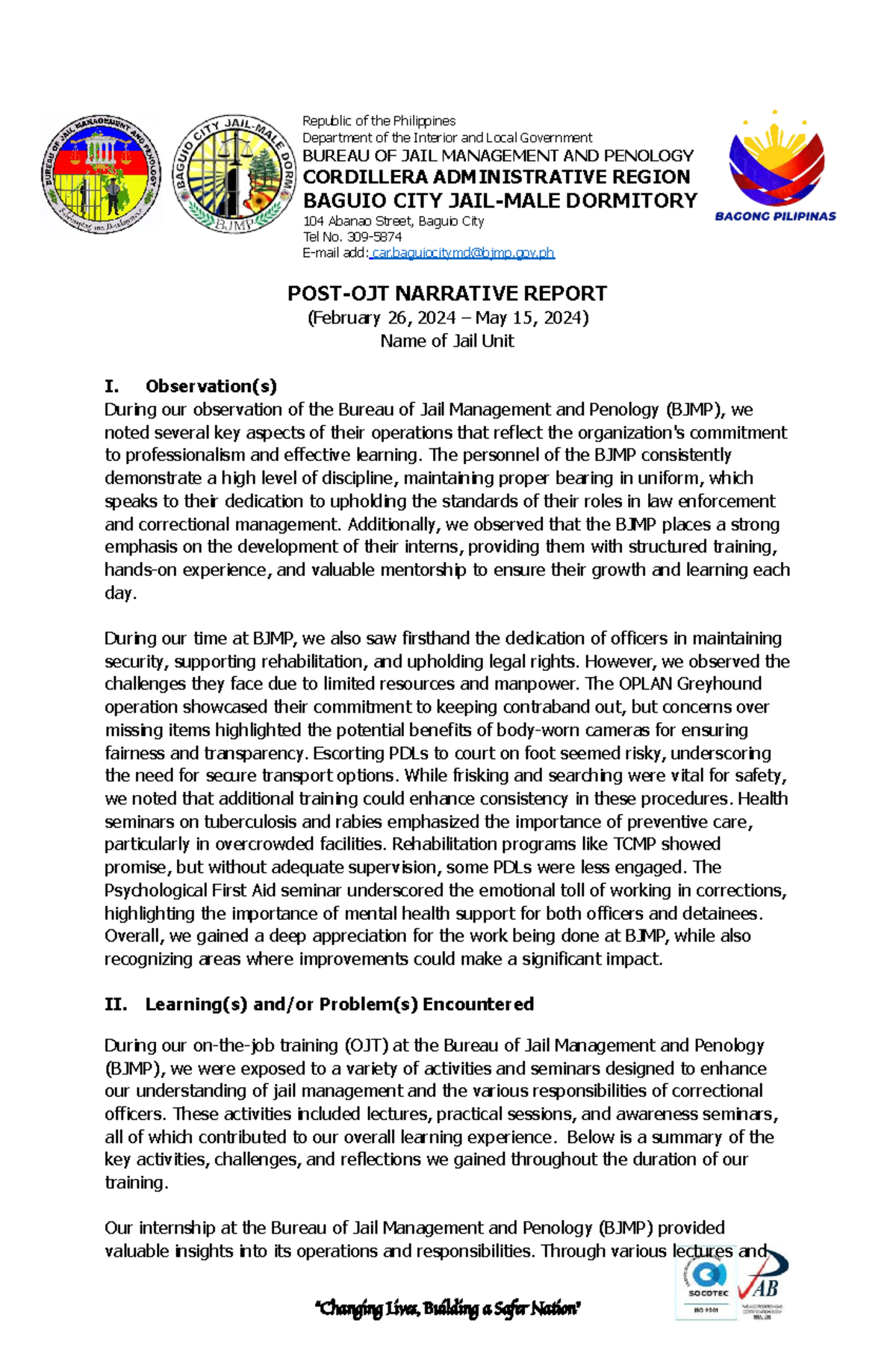 POST OJT Narrative Report on BJMP: Insights and Recommendations - Studocu