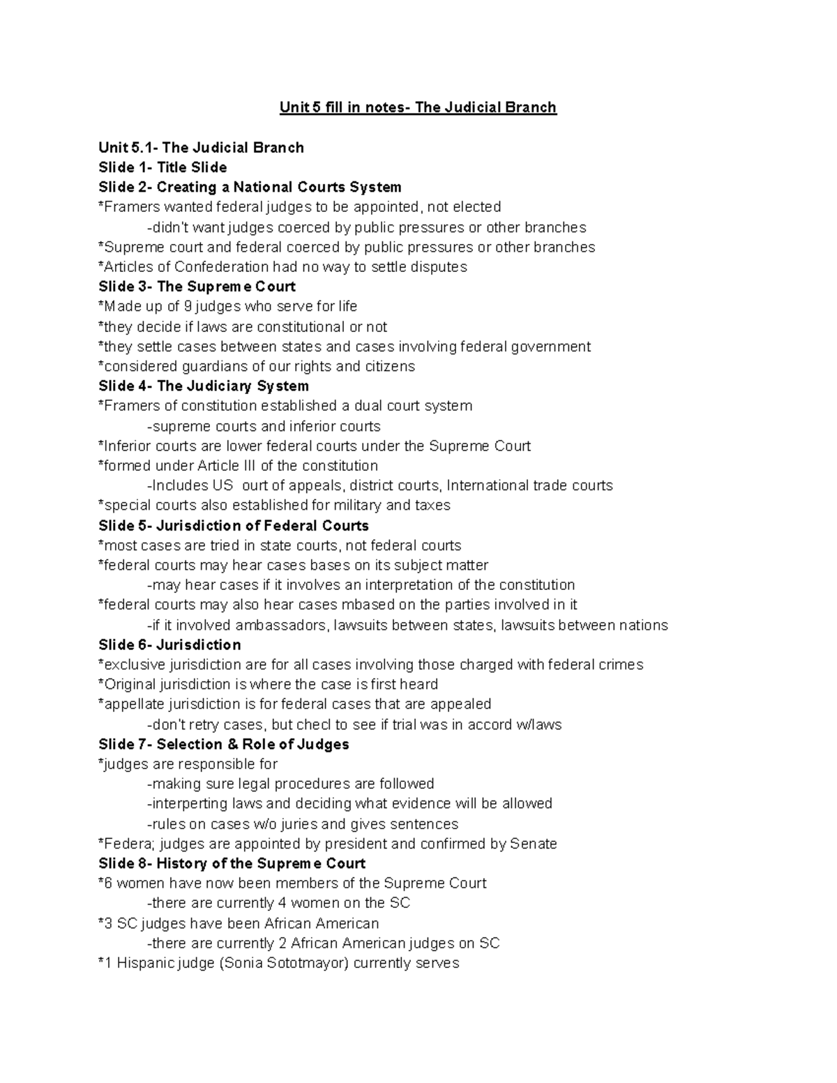 Unit 5 Judicial Branch Fill-in Notes for Final Exam Preparation - Studocu