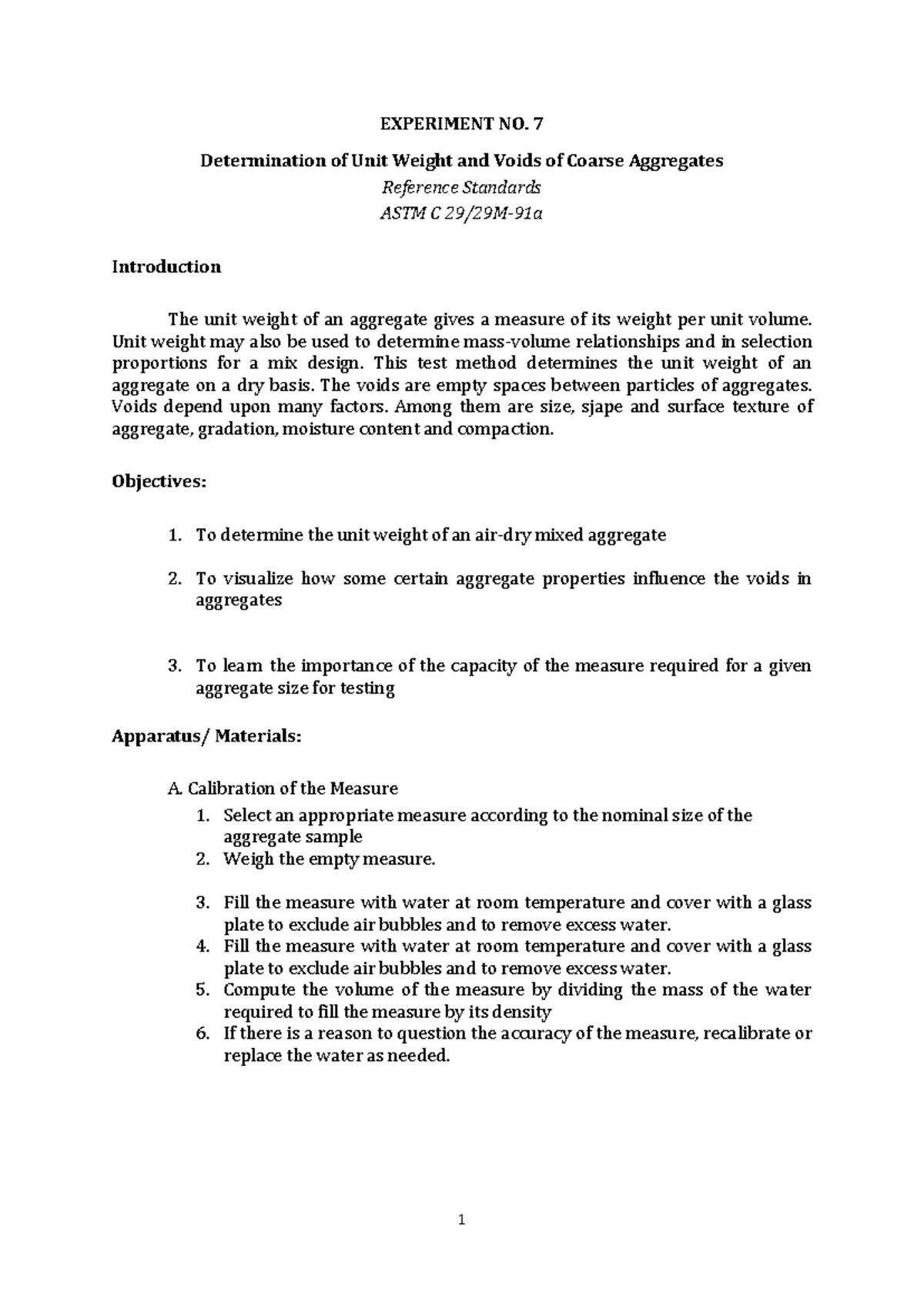 Unit Weight and Voids of Coarse Aggregates - Exp. No. 7 - Studocu