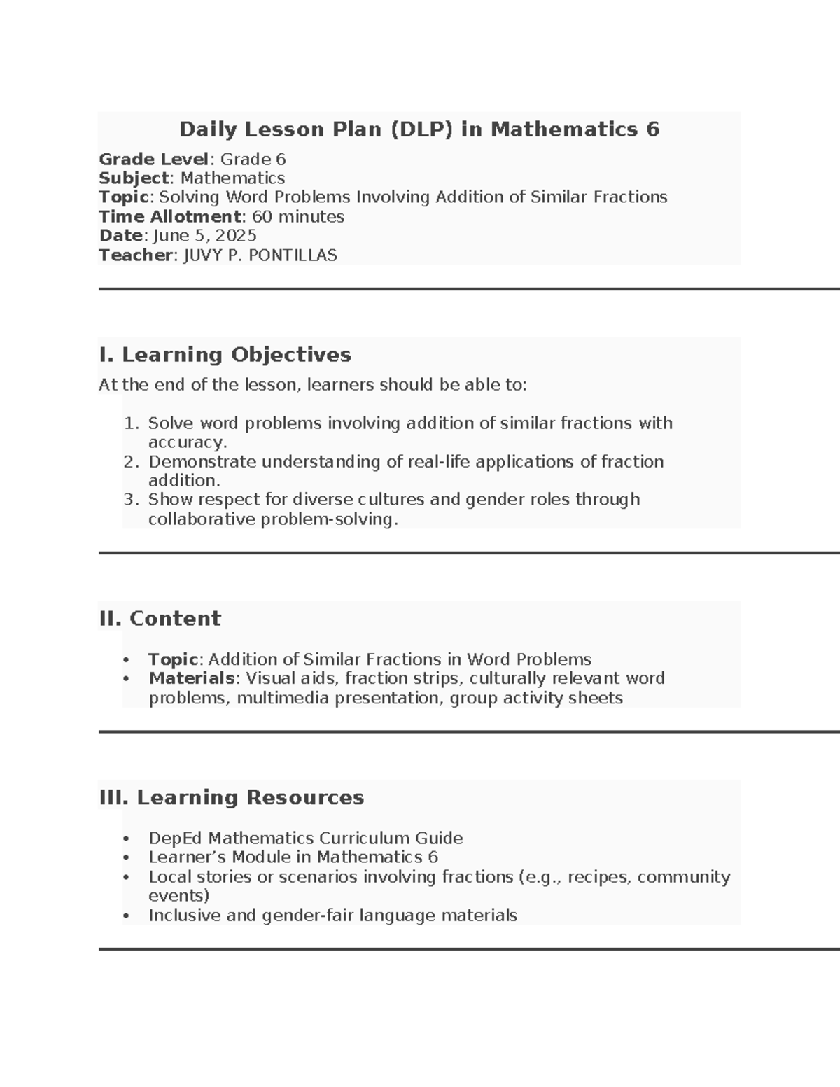 Daily Lesson Plan (DLP) for Math 6: Adding Similar Fractions - Studocu