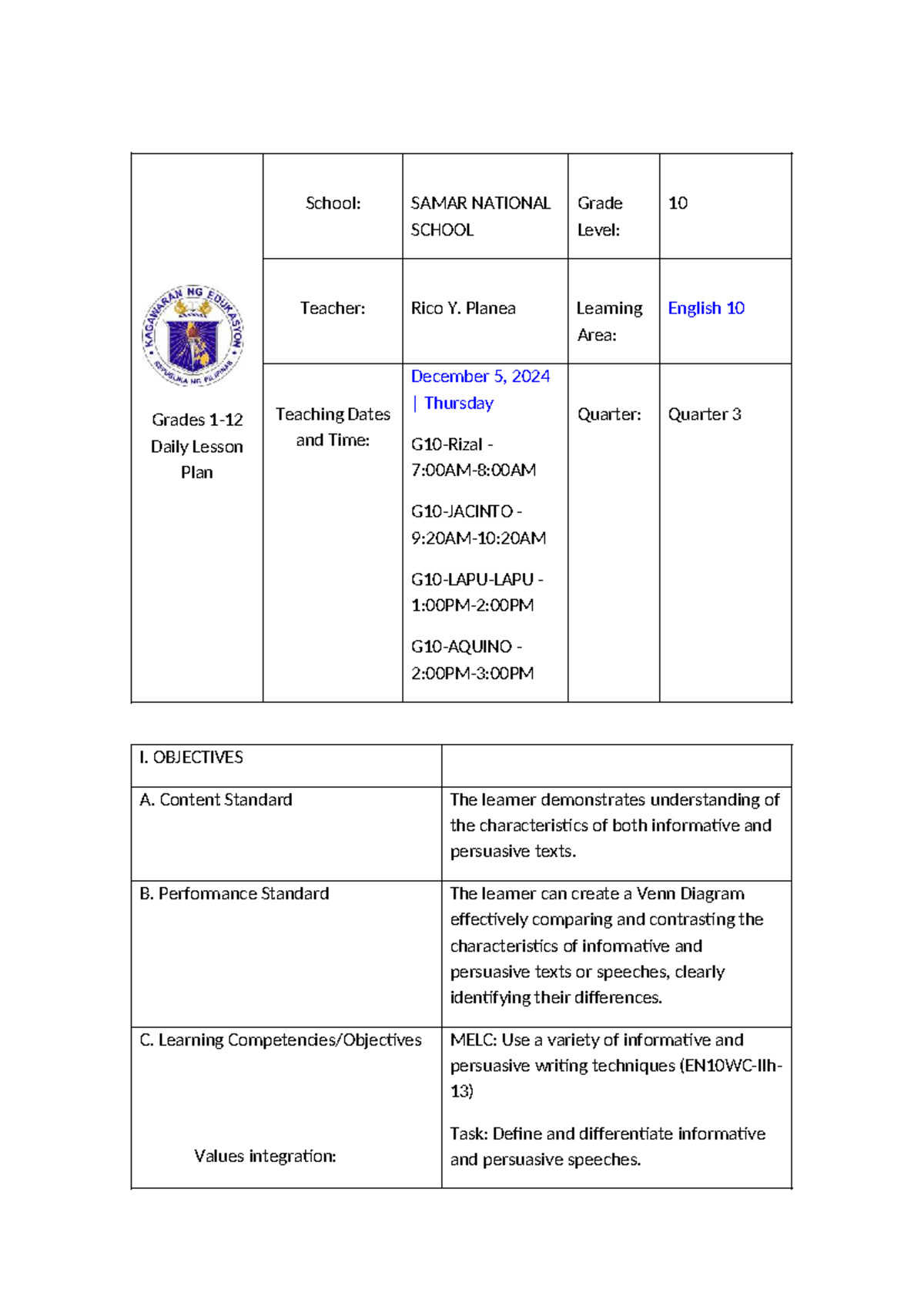 English 10 Lesson Plan: Informative vs. Persuasive Texts (Q3) - Studocu