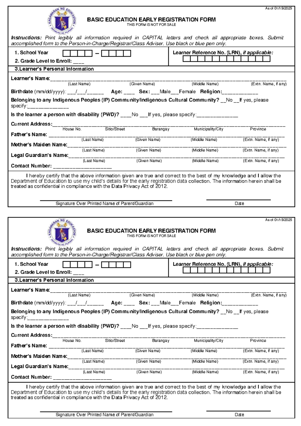 Basic education early registration form instructions and guidelines ...
