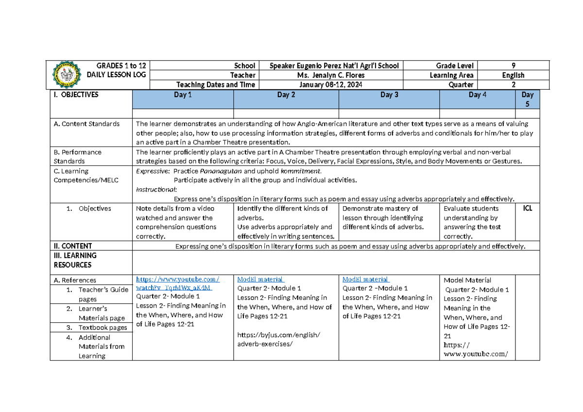 Adverb Lesson Plan and Activities for English 9: Quarter 2 Module 1 ...