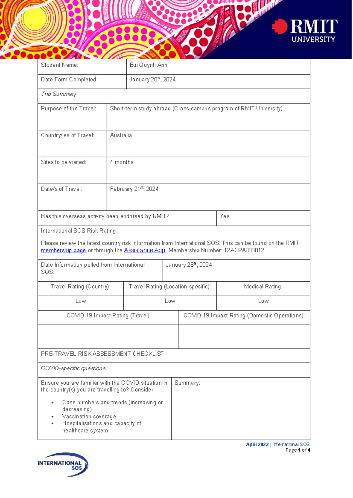 RMIT Student Risk assessment checklist s3927534 - Student Name: Bui ...