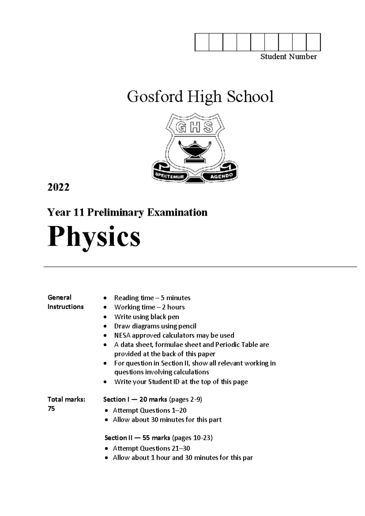 2022 Year 11 Physics Prelim Final Exam Instructions & Questions - Studocu