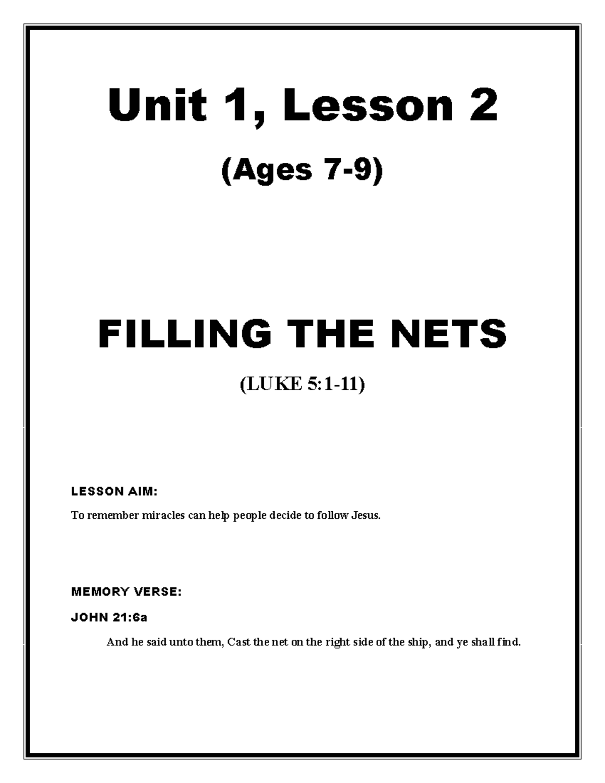 Unit 1, Lesson 2: Filling the Nets (Ages 7-9) - Miracles & Memory Verse ...