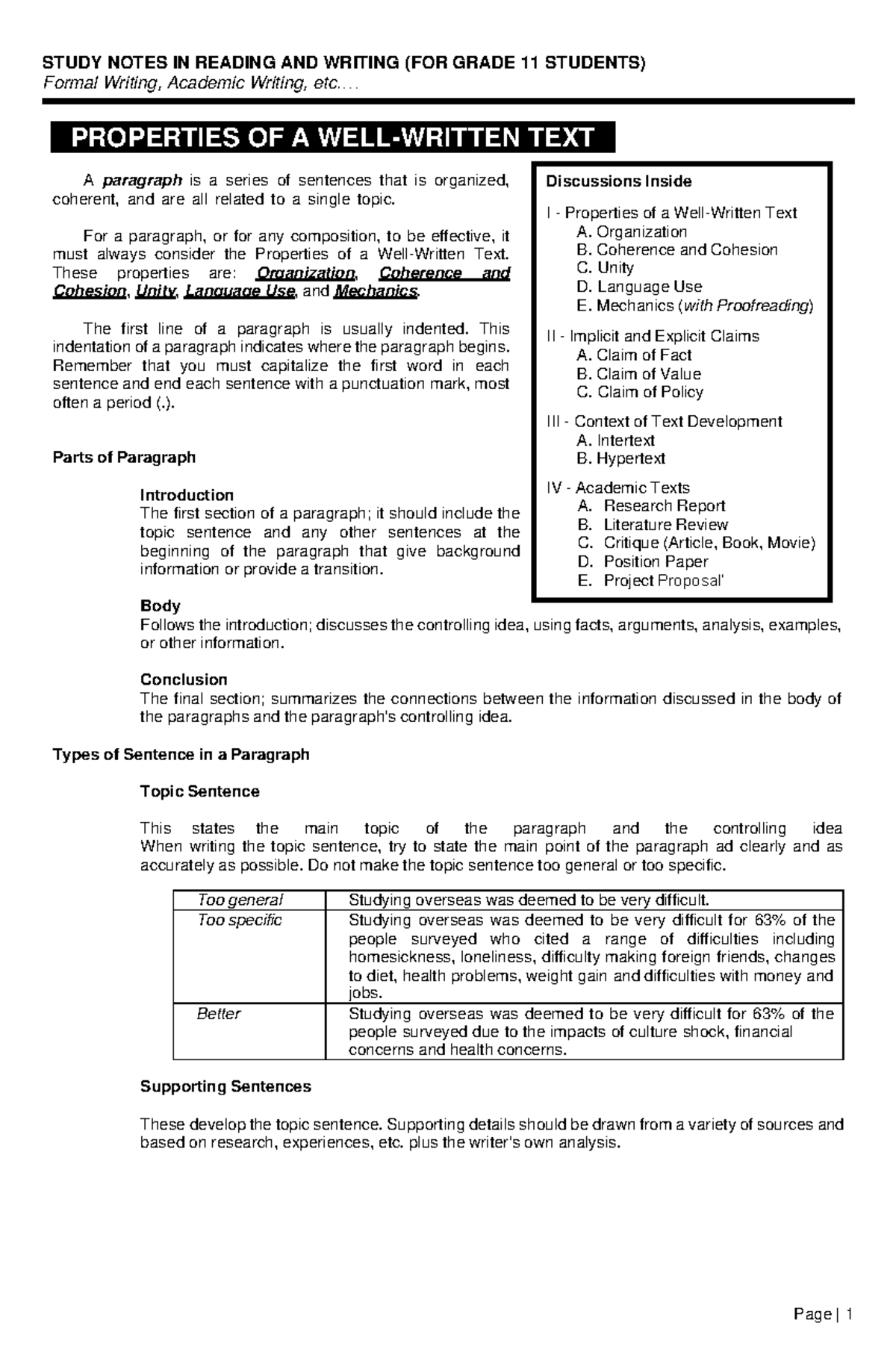 Study Notes on Reading and Writing for Grade 11 Students - Studocu