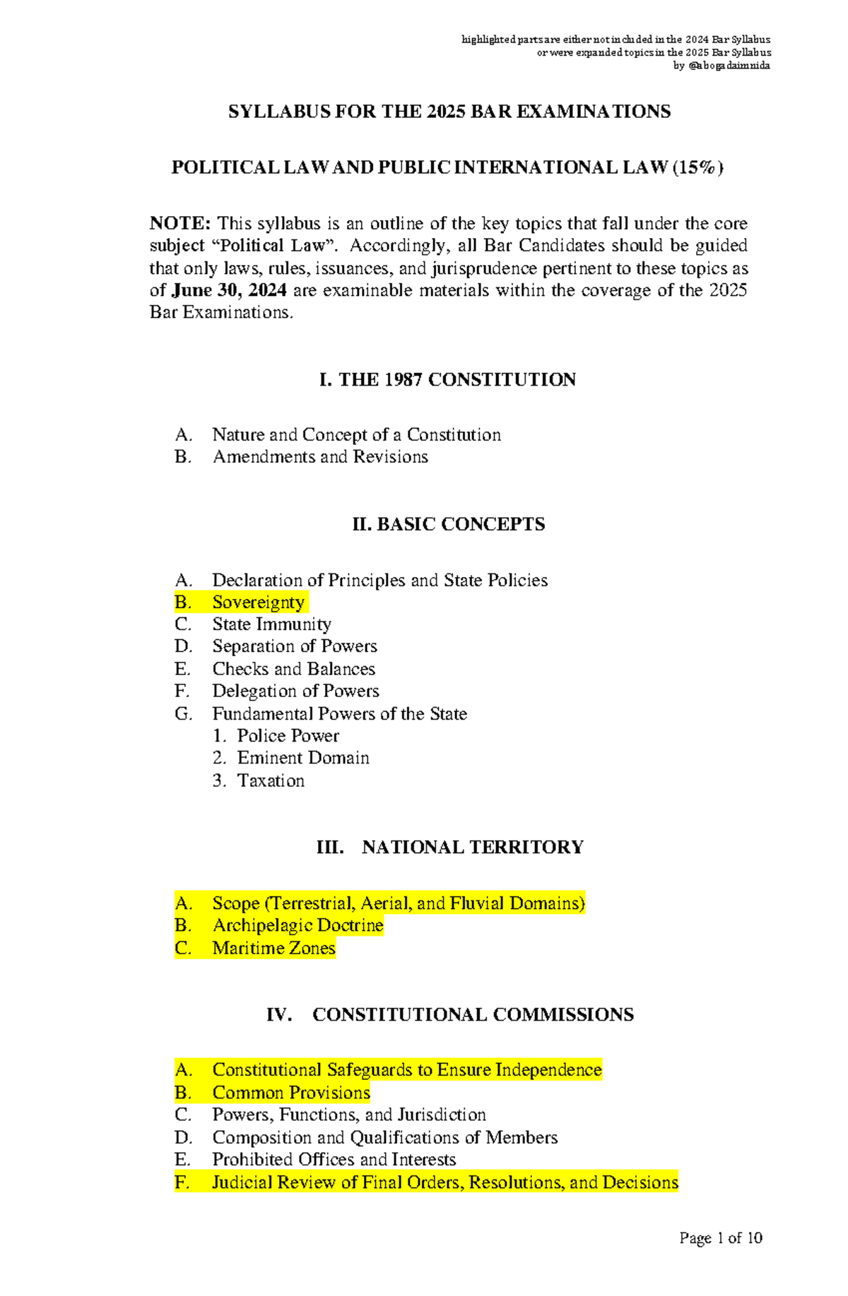 2025 Bar Exam Syllabus: Political Law & Public International Law - Studocu